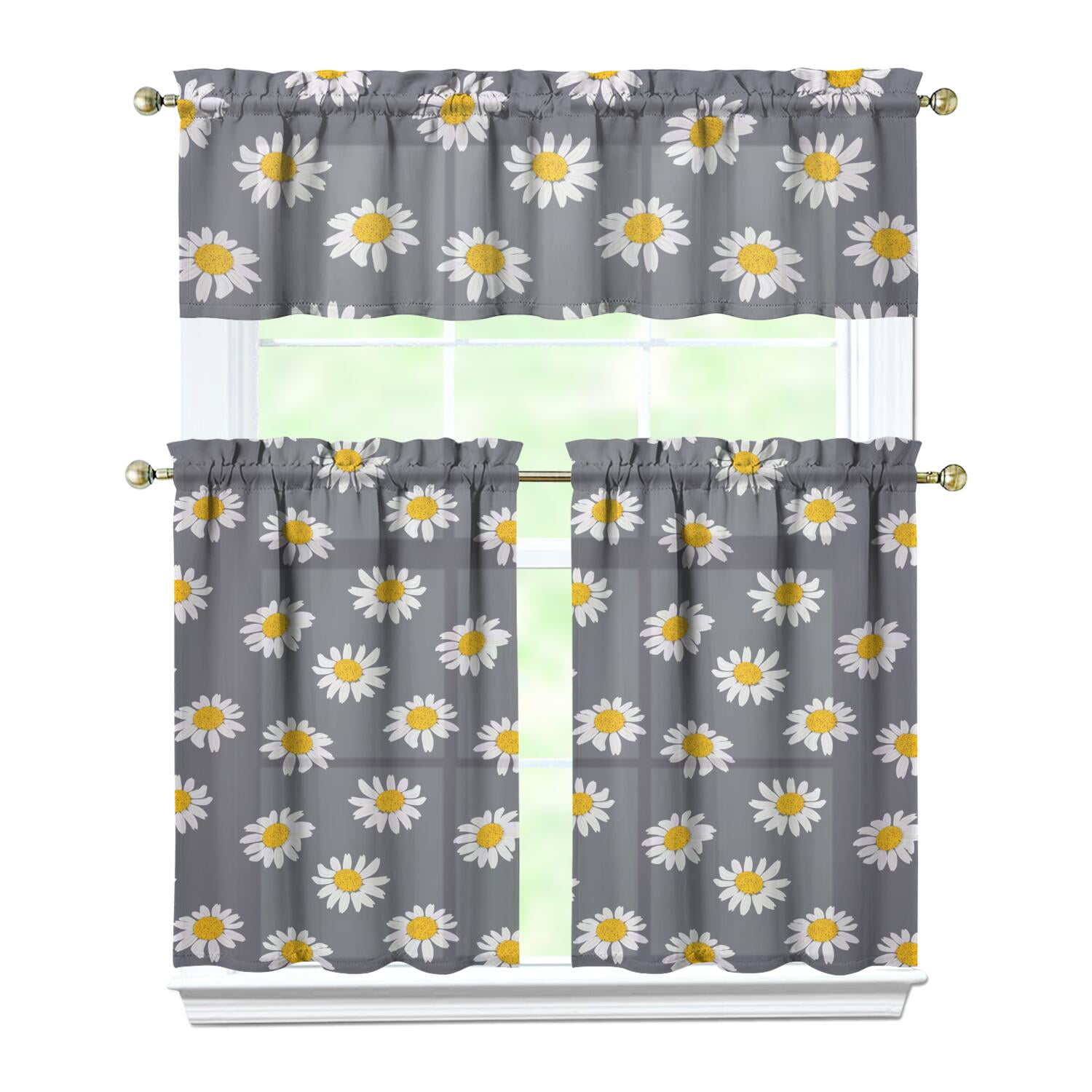 3 PCS Daisy Floral Kitchen Curtains Set with Valance - Vintage Boho ...