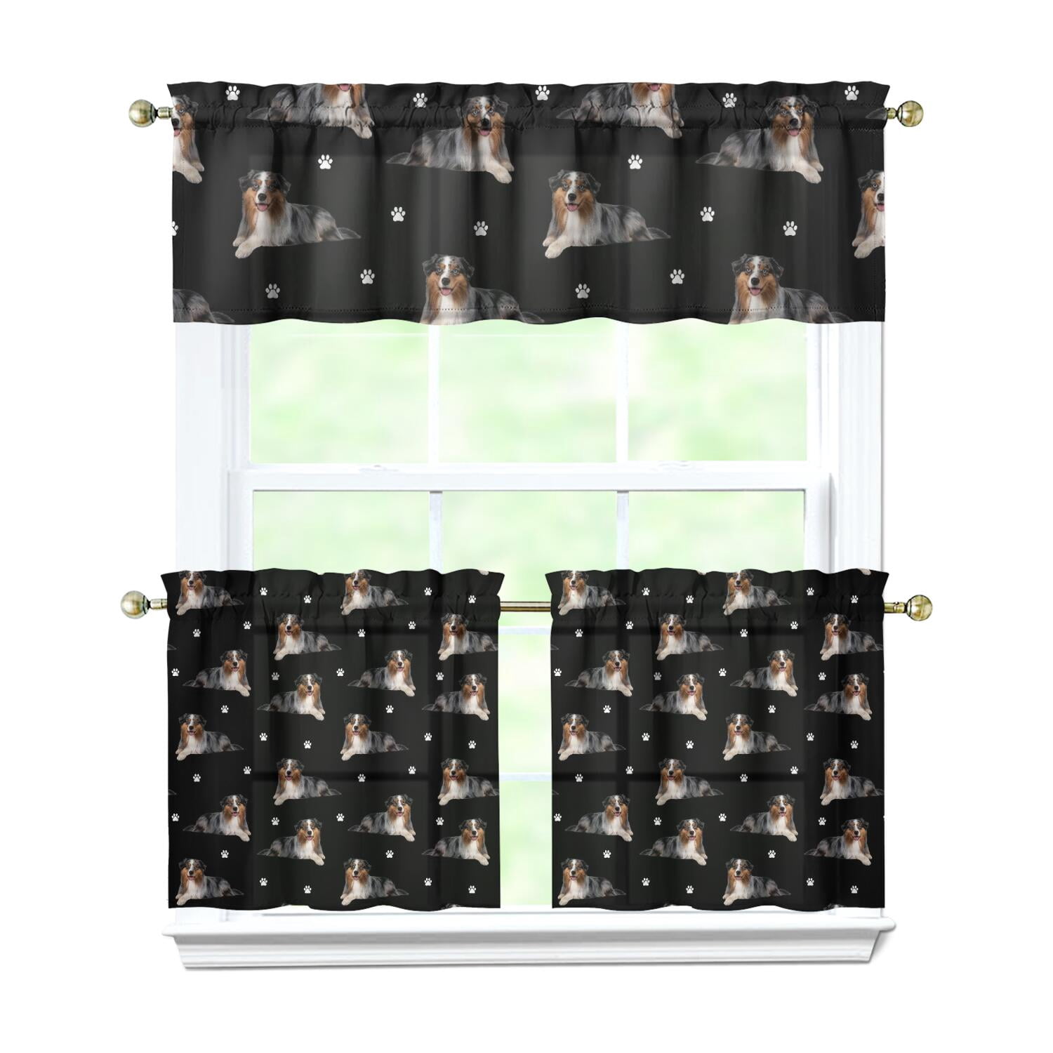 3 PCS Dog Print Kitchen Curtains Set with Valance - Paw Print & Playful ...
