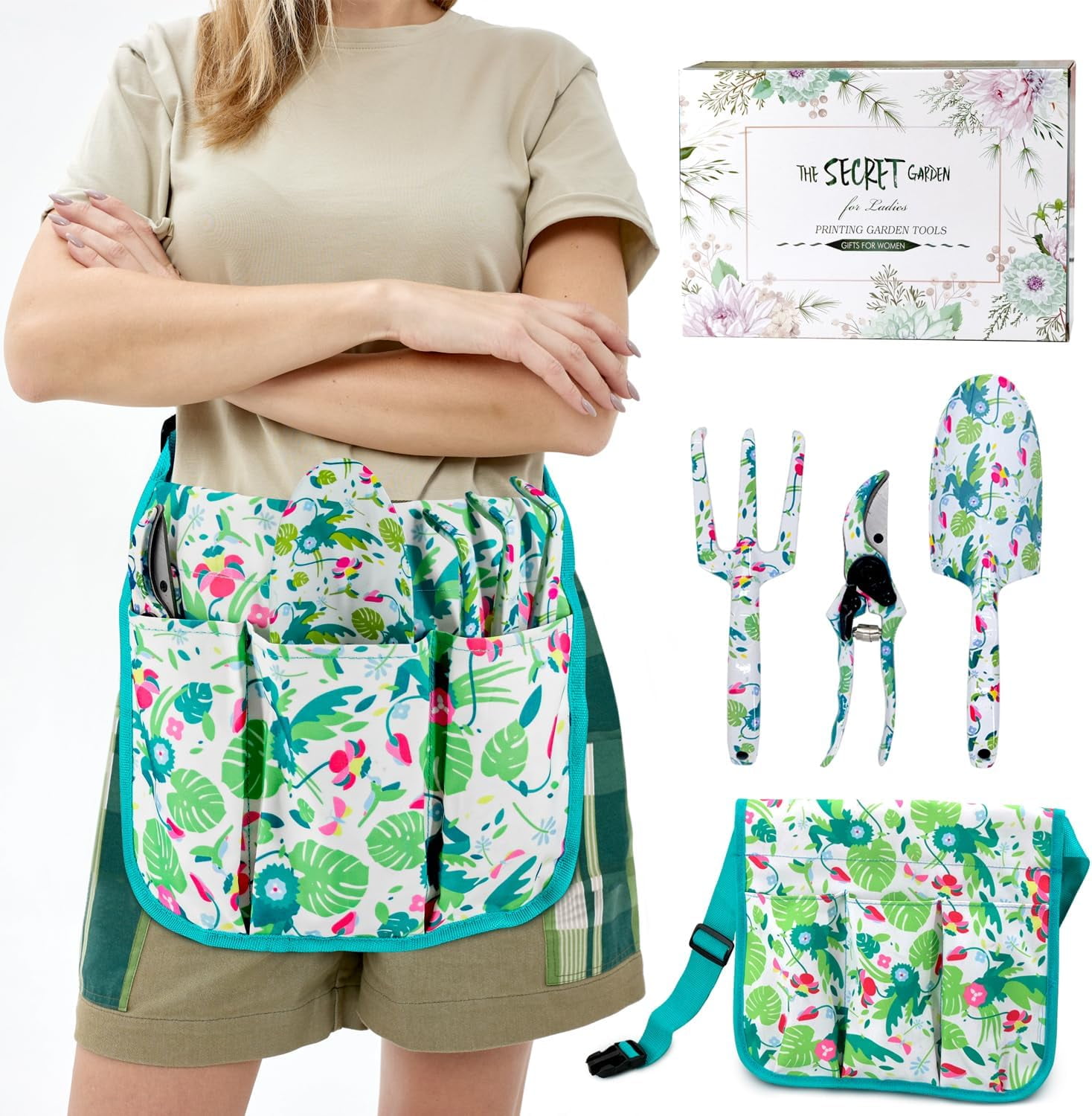 3 PCS Floral Print Gardening Tools Pink Include Hand Rake,Pruner and ...