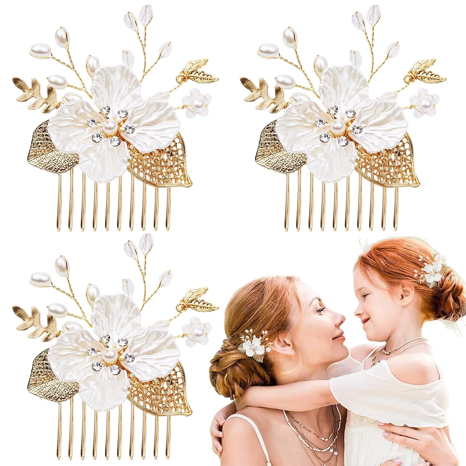 3 PCS Flower Girl Hair Pins Gold Leaf Wedding Hair Combs Bride Pearl ...
