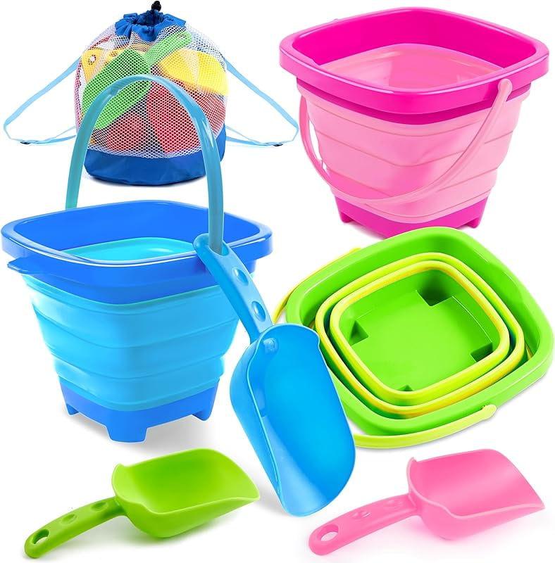 3 PCS Foldable Buckets with 3 Shovels Sand Water Bucket Sandbox Square ...