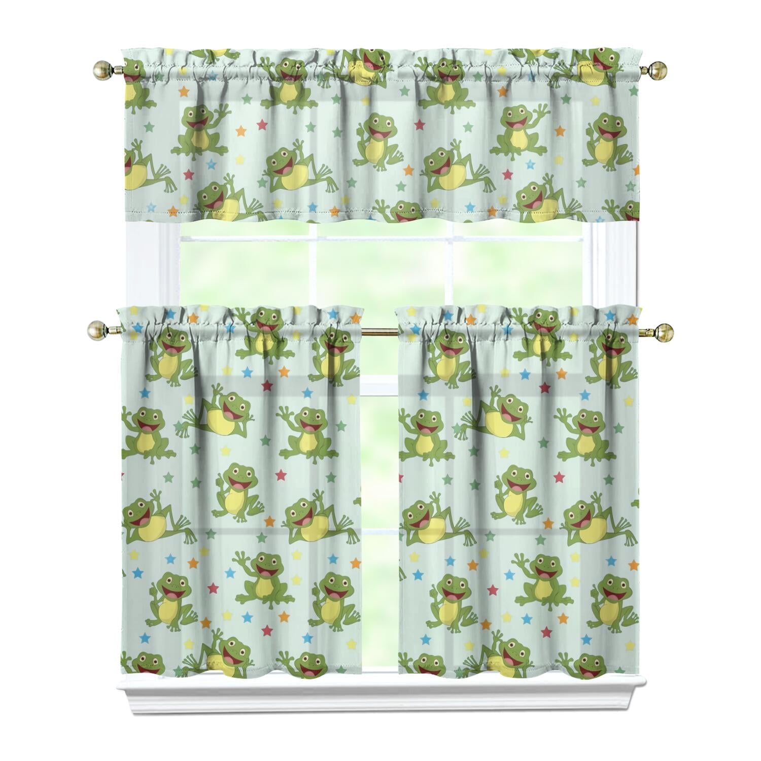 3 PCS Frog Print Kitchen Curtains Set - Green Cartoon Frog & Mushroom ...