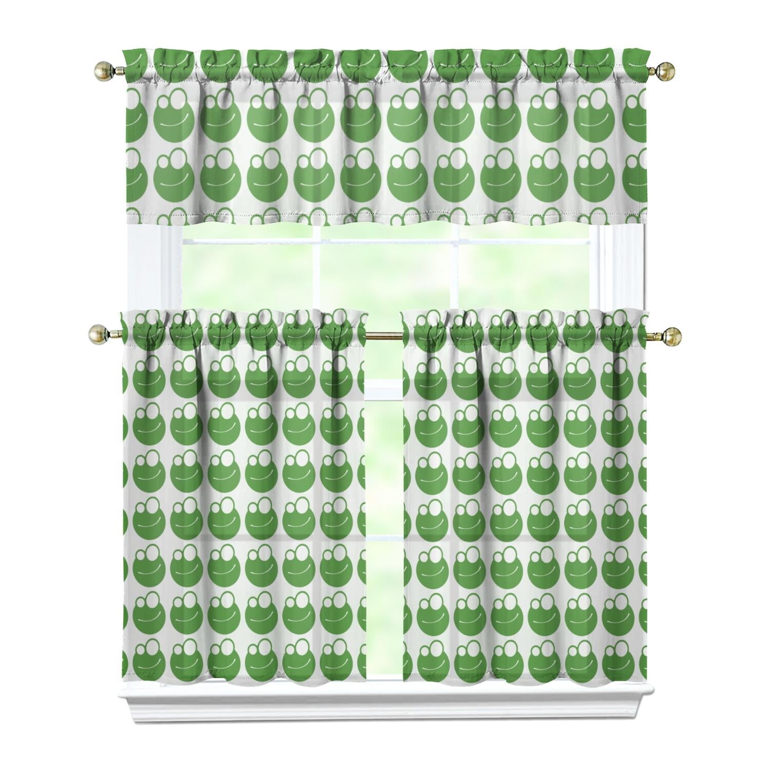 3 PCS Frog Print Kitchen Curtains Set - Green Cartoon Frog & Mushroom ...