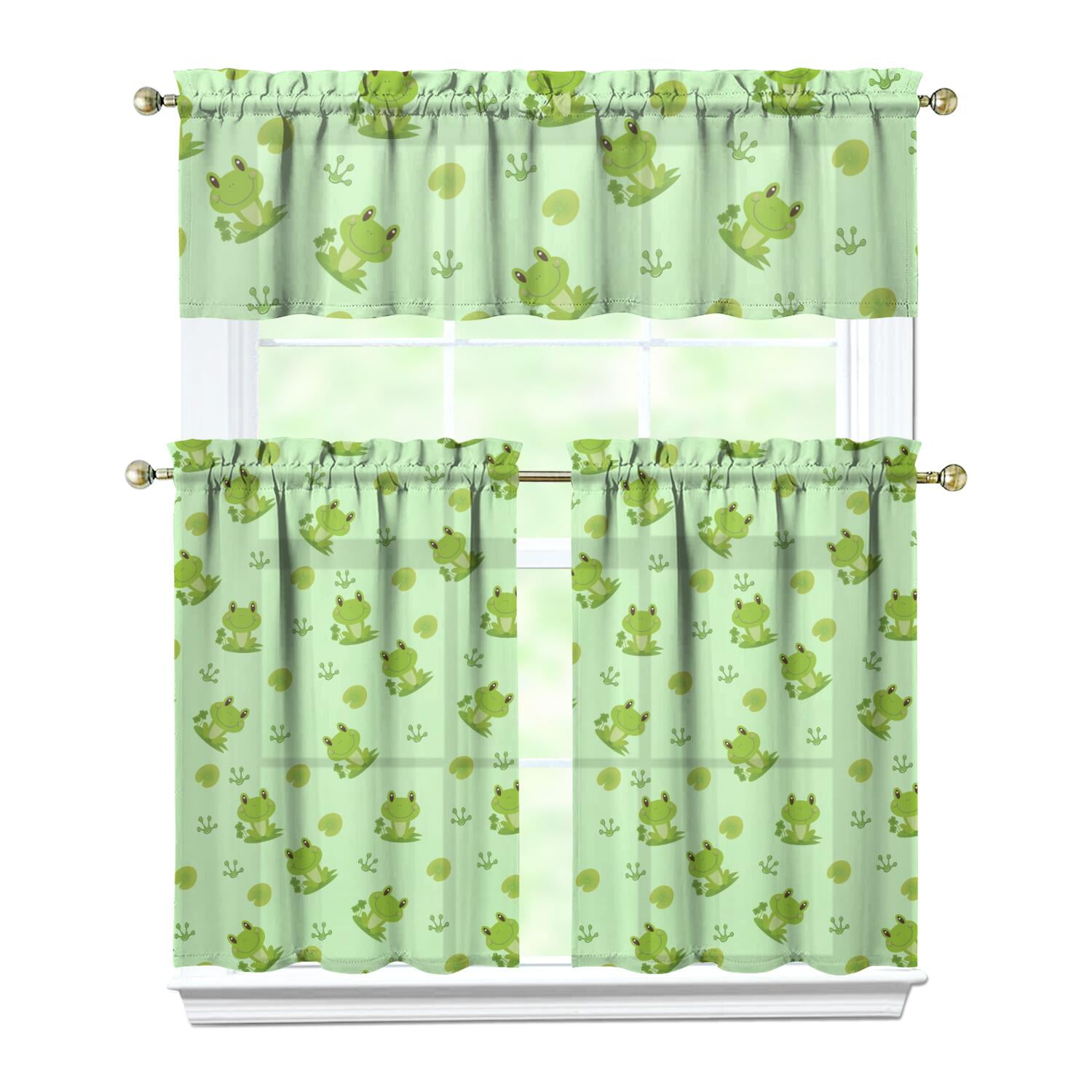 3 PCS Frog Print Kitchen Curtains Set - Green Frog Cartoon with ...