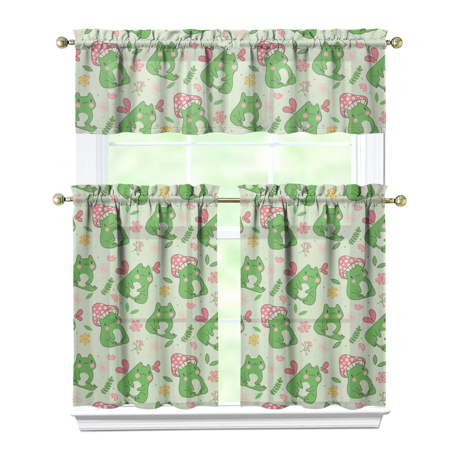 3 PCS Frog Print Kitchen Curtains Set - Green Frog Cartoon with ...