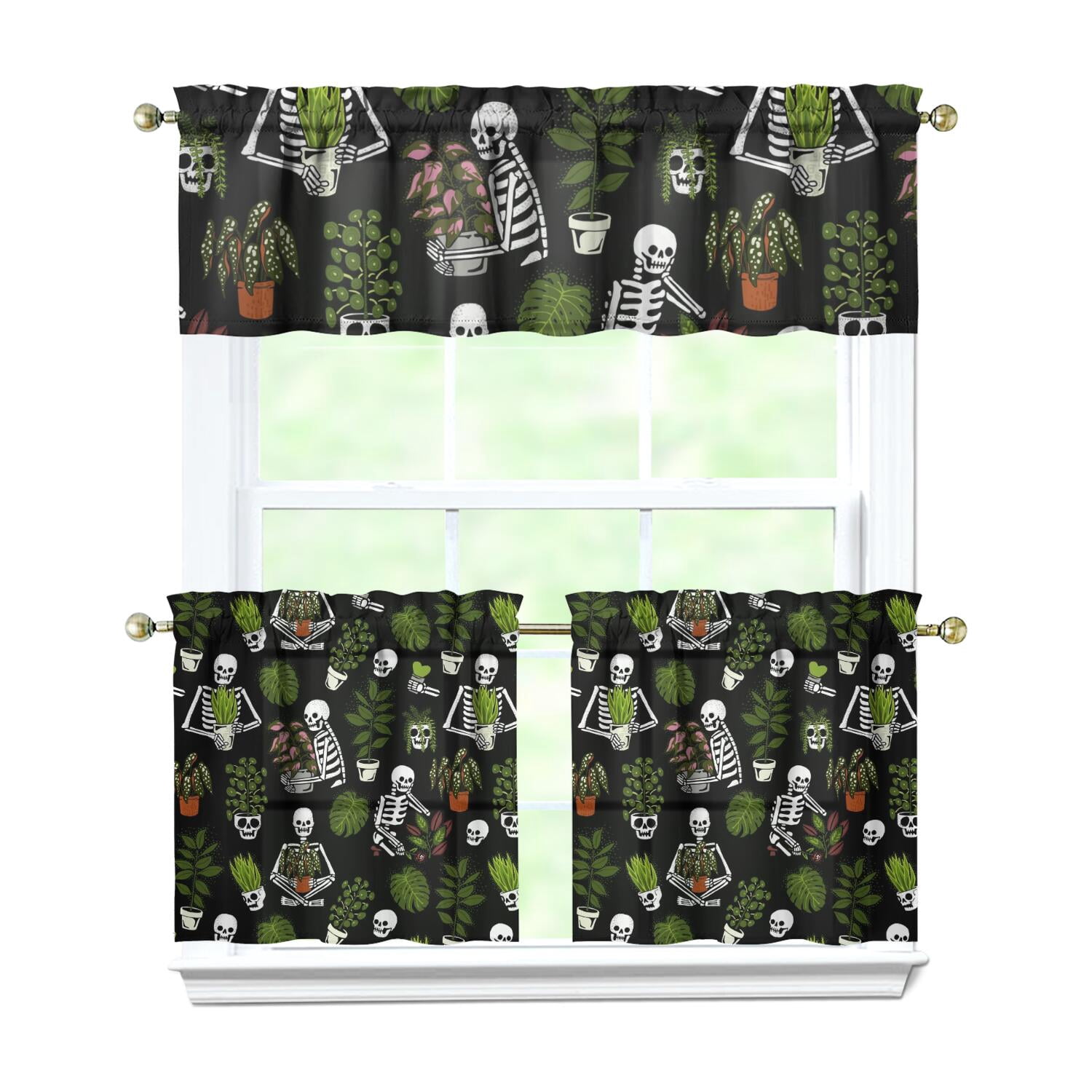 3 PCS Gothic Floral Kitchen Curtains Set with Skull & Roses Print ...