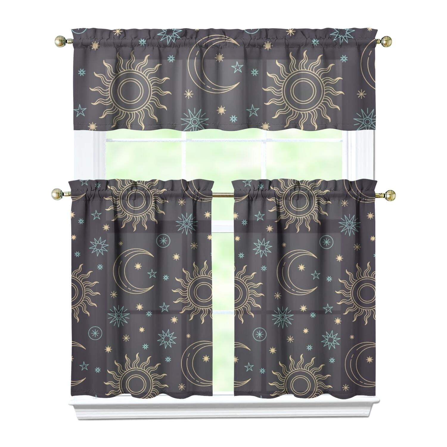3 PCS Gothic Kitchen Curtains Set with Celestial Sun Moon Print ...