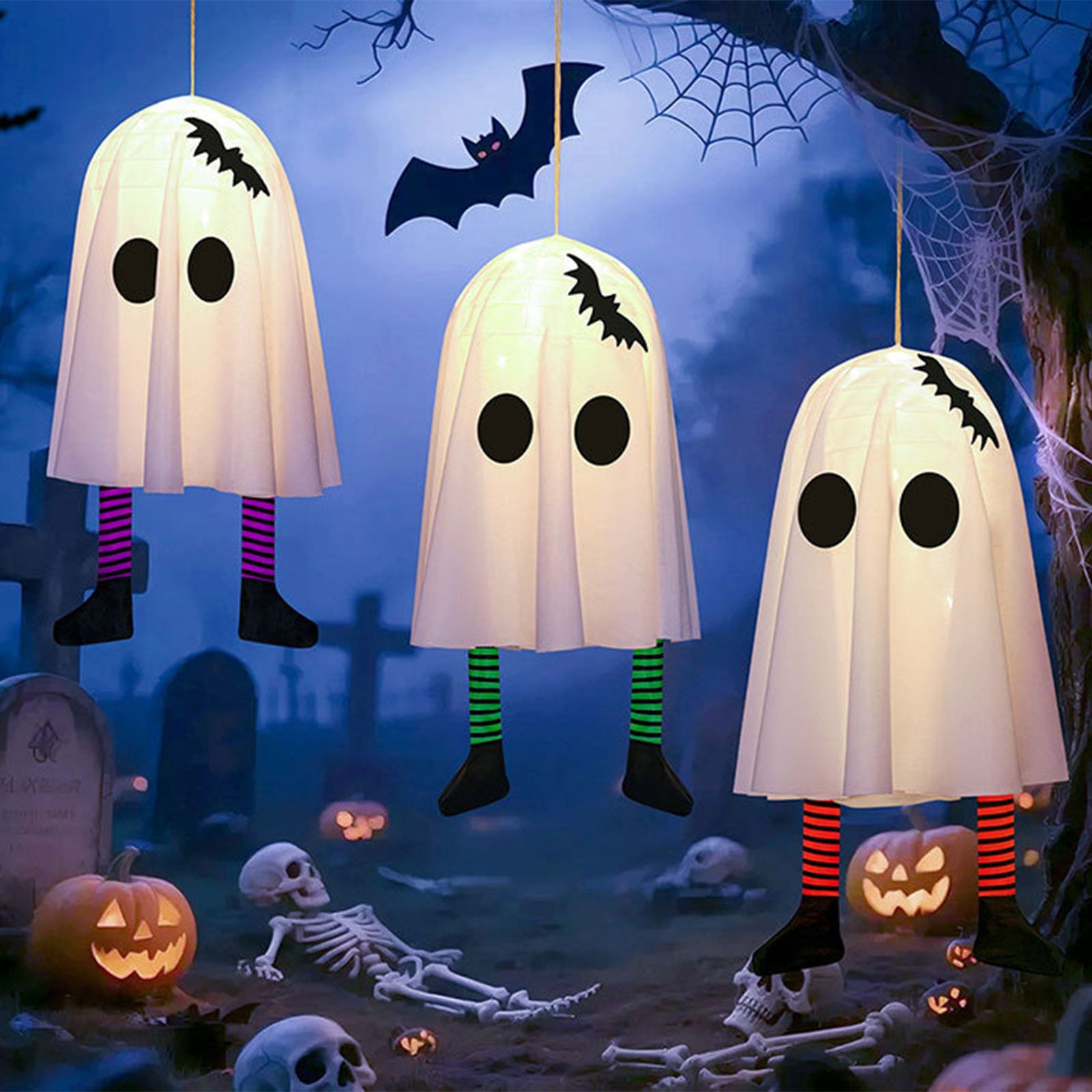 3 PCS Halloween Hanging Ghost Decorations with Bat, 17.5" White Ghost ...