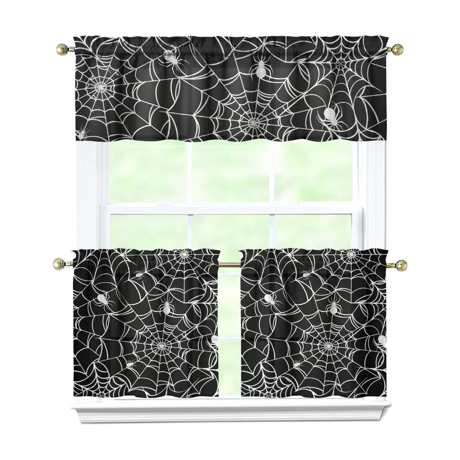 3 PCS Halloween Kitchen Curtains Set with Spooky Valance and Tiers ...