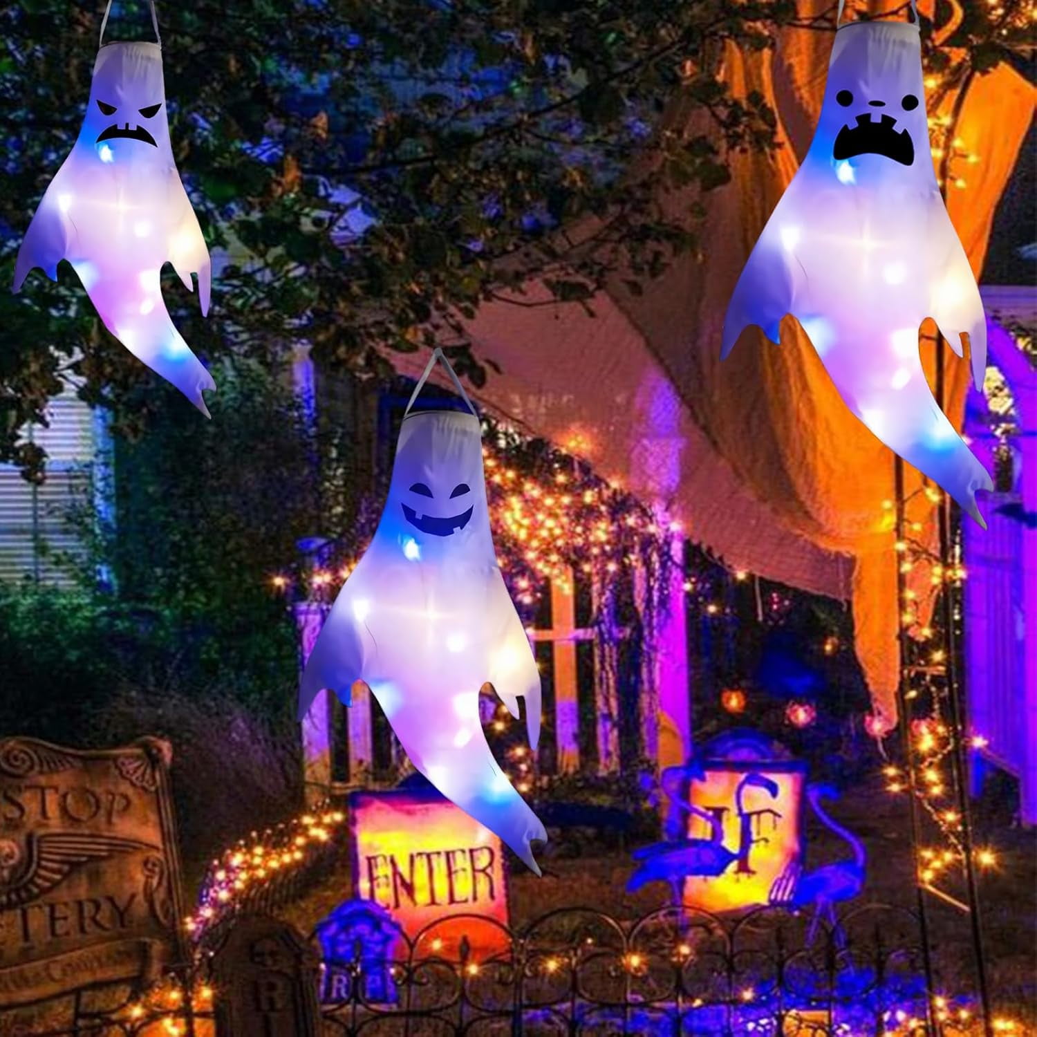 3 PCS Halloween Windsock Spooky Hanging Decorations, Halloween Outdoor ...