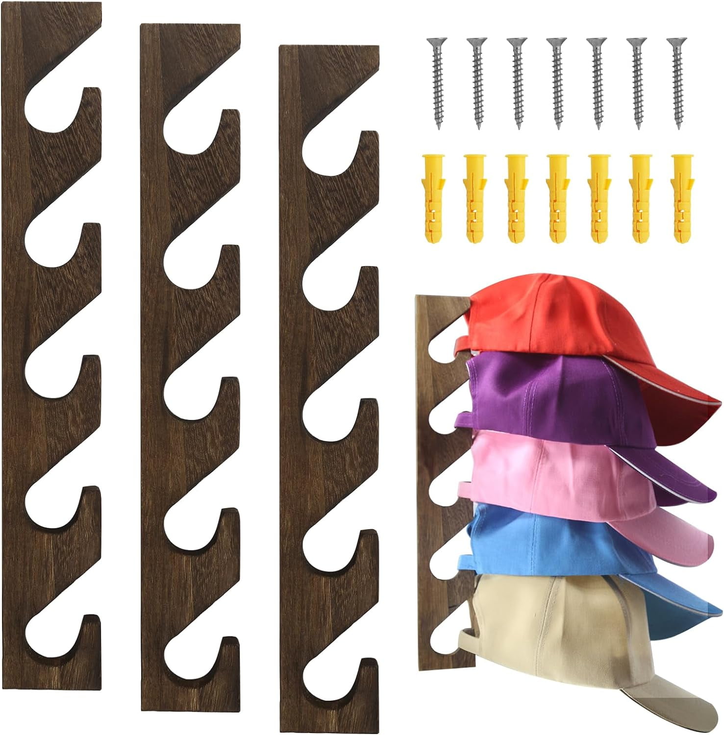 3 PCS Hat Rack for Baseball Caps, Wall Mounted Wooden Hat Storage ...