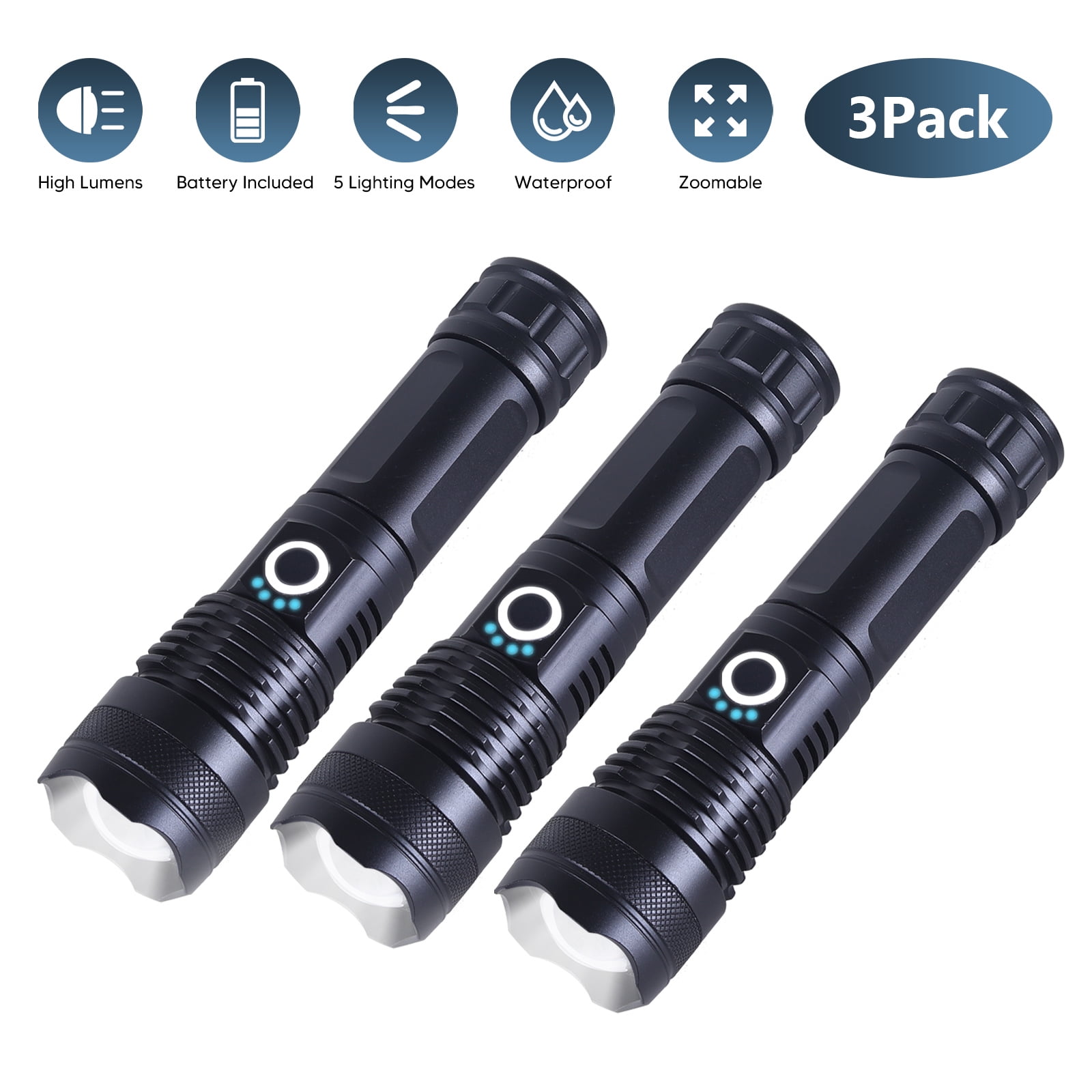 3 PCS High Lumen 120000LM Flashlights Rechargeable, Powerful LED ...
