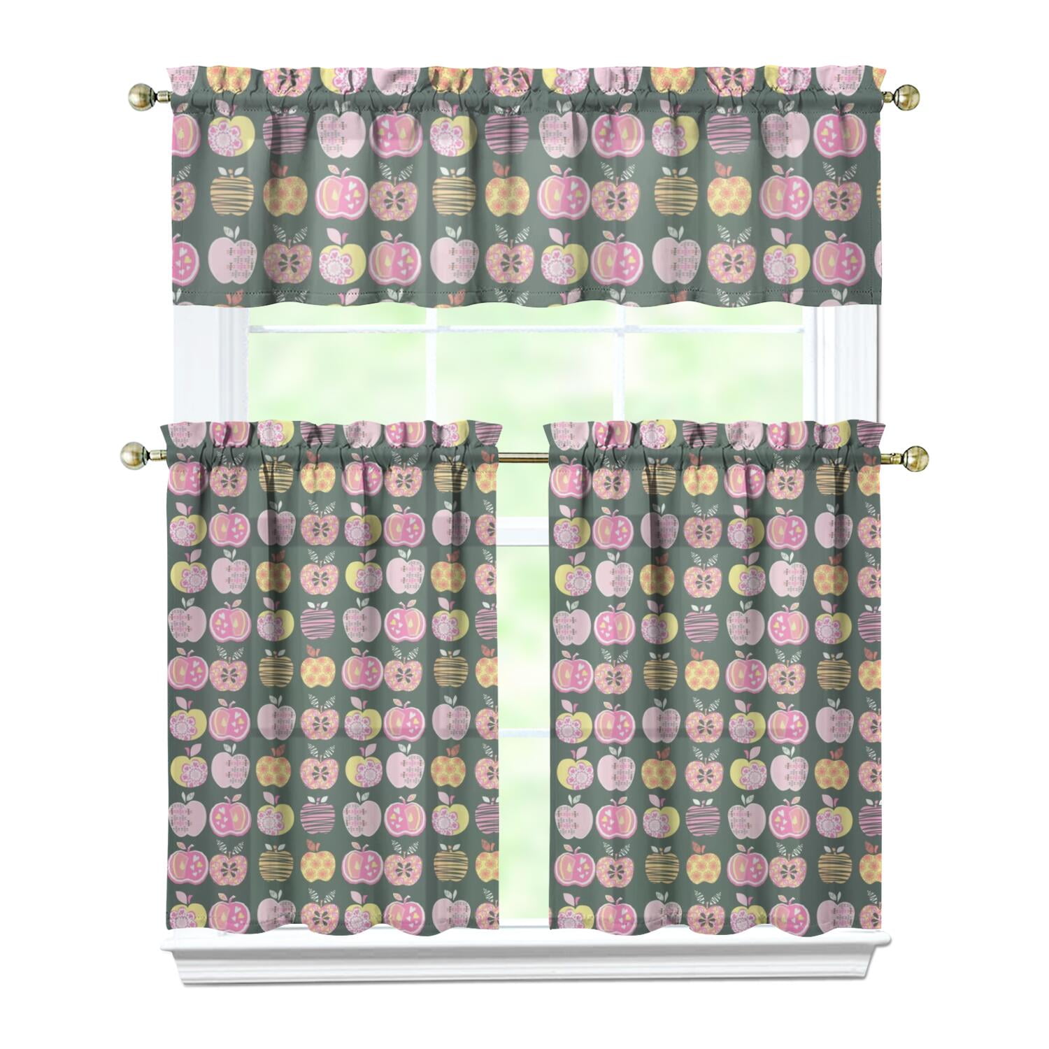 3 PCS Kitchen Curtains Set with Apple Print - Red Green Cute Cartoon ...
