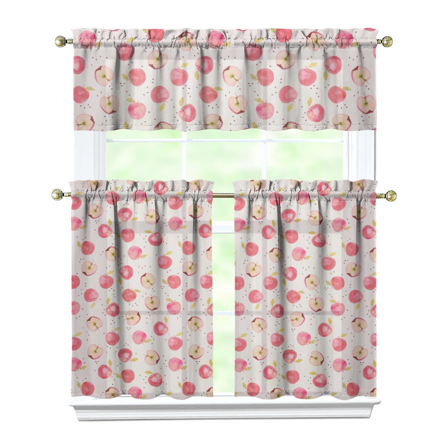 3 PCS Kitchen Curtains Set with Apple Print - Red Green Cute Cartoon ...