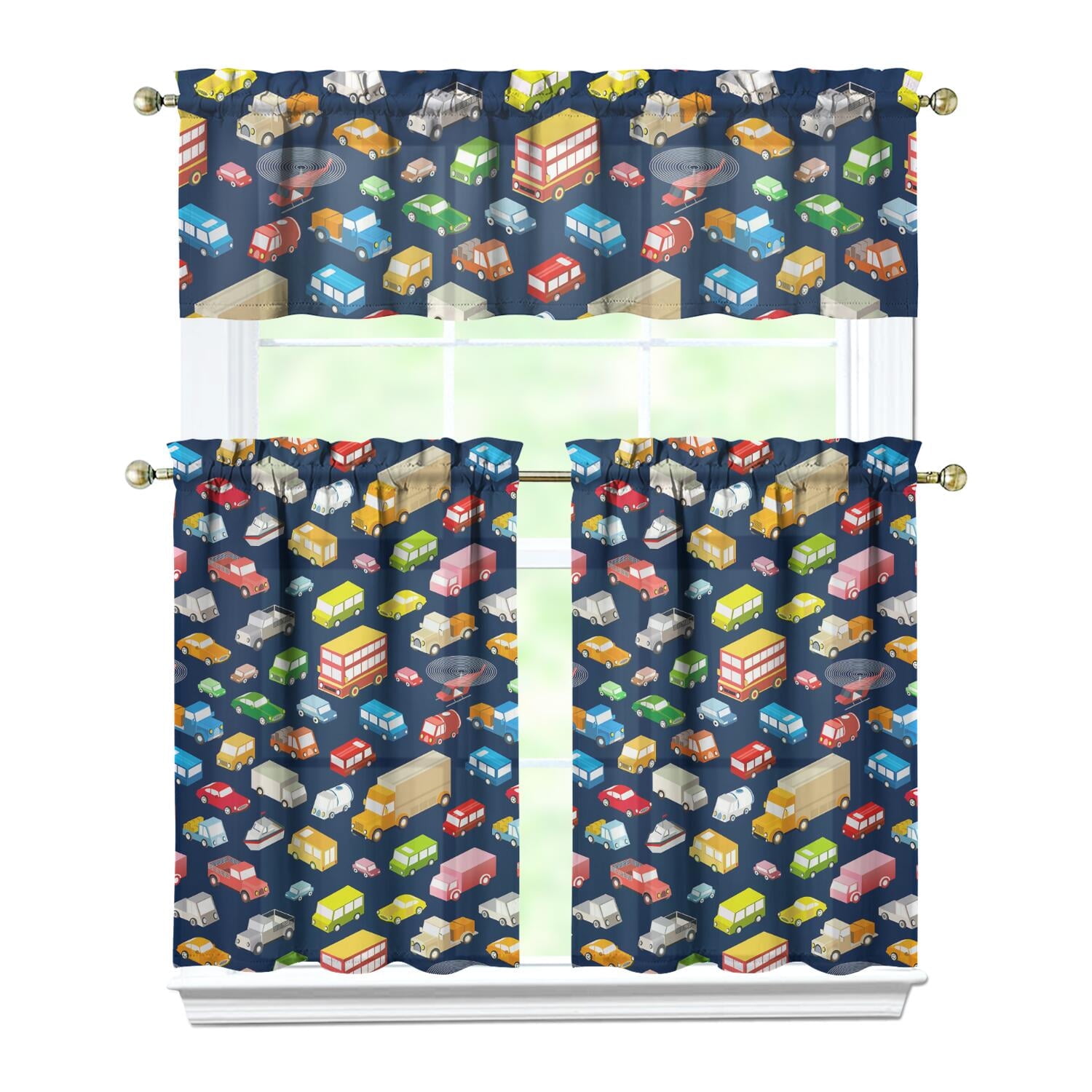 3 PCS Kitchen Curtains Set with Cartoon Car Design - 54x18 Inch Valance ...