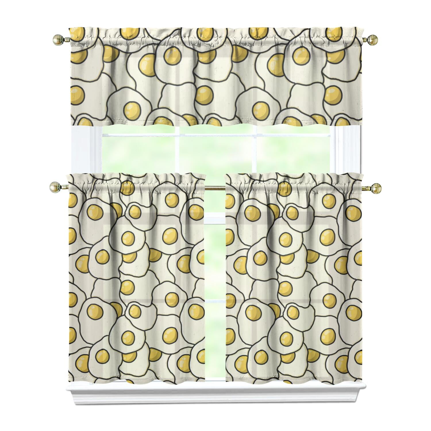 3 PCS Kitchen Curtains Set with Valance - Fried Egg & Farmhouse Style ...