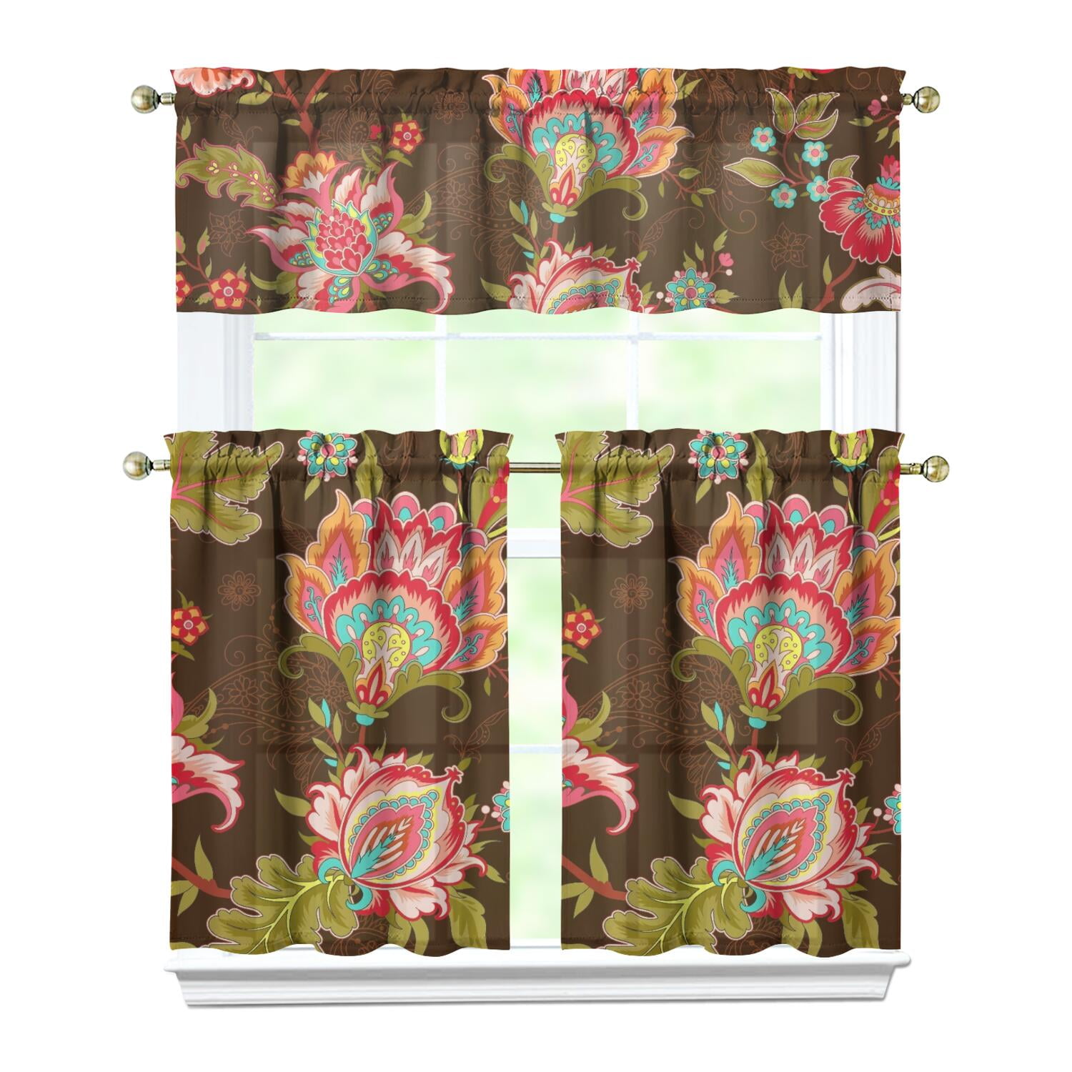 3 PCS Kitchen Curtains Set - Vintage Paisley Floral Pattern, Semi-Sheer ...