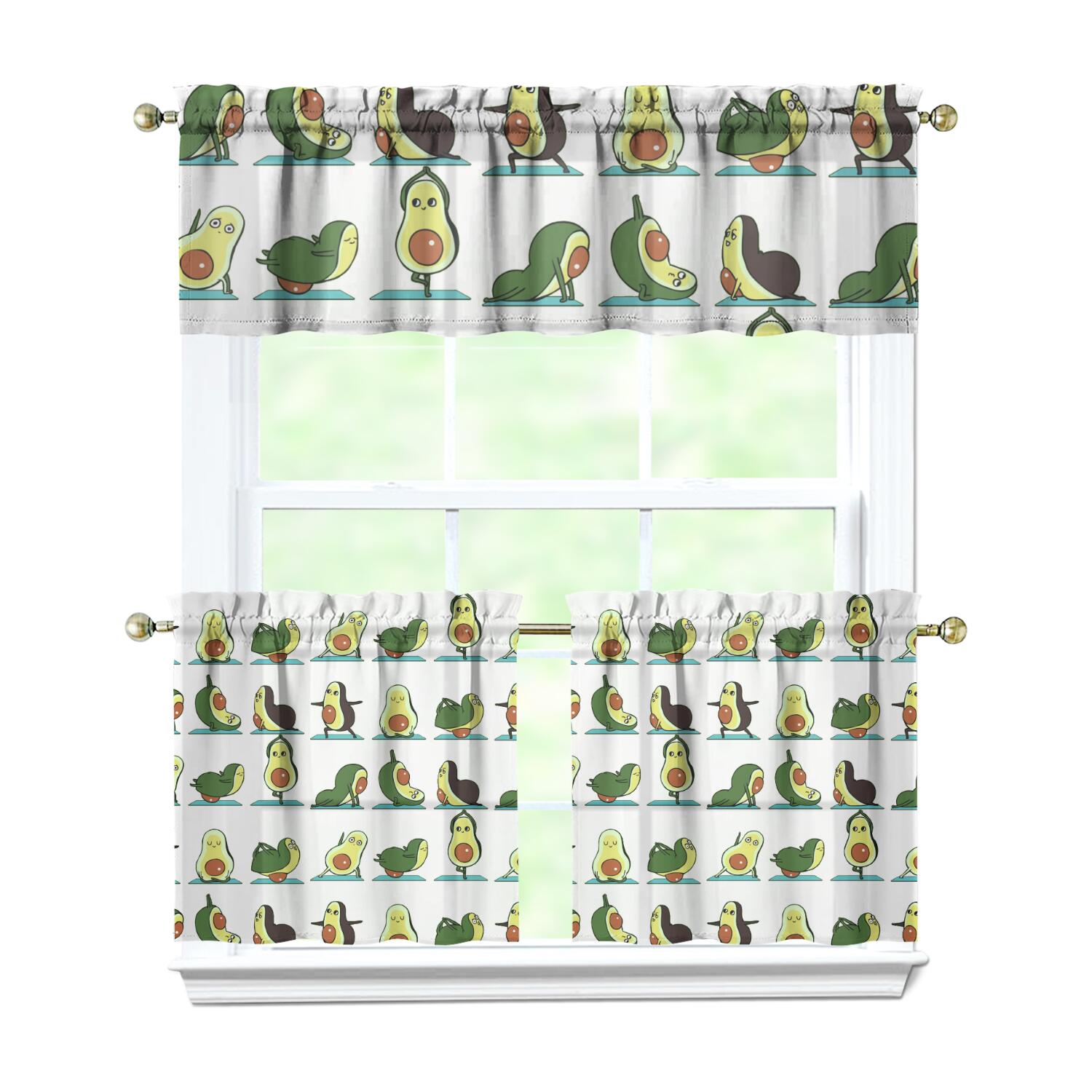 3 PCS Kitchen Curtains Set with Avocado Print - Green Cute Kawaii Fruit ...