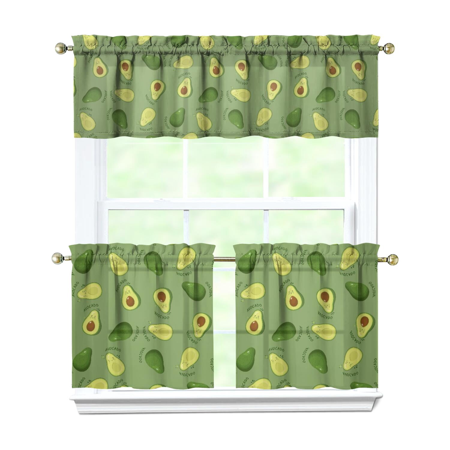 3 PCS Kitchen Curtains Set with Avocado Print - Green Cute Kawaii Fruit ...