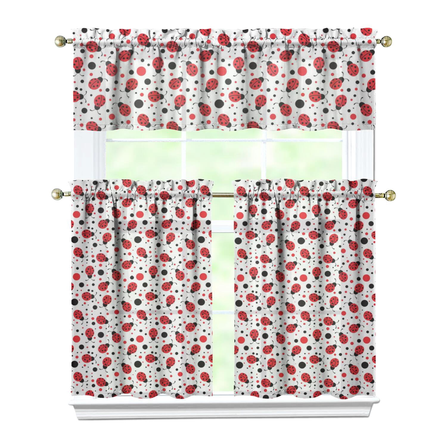 3 PCS Ladybug Print Kitchen Curtains Set with Valance - Cute Cartoon ...