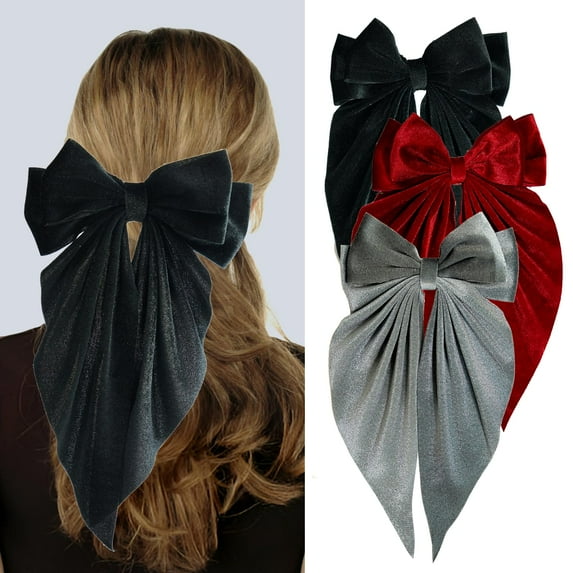 3 PCS Large Velvet Hair Bows, Oversized Long Tail Bows with Aliigator ...