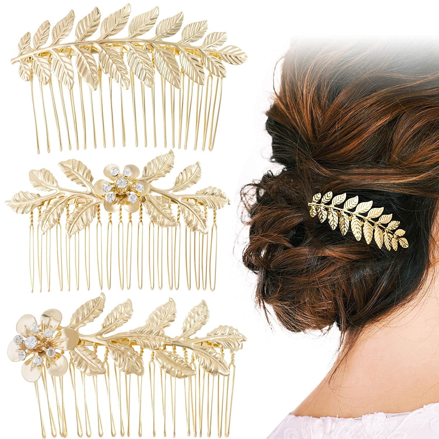 3 PCS Leaf Hair Combs, Gold Rhinestone Pearl Hair Comb Clips, Hair Side ...