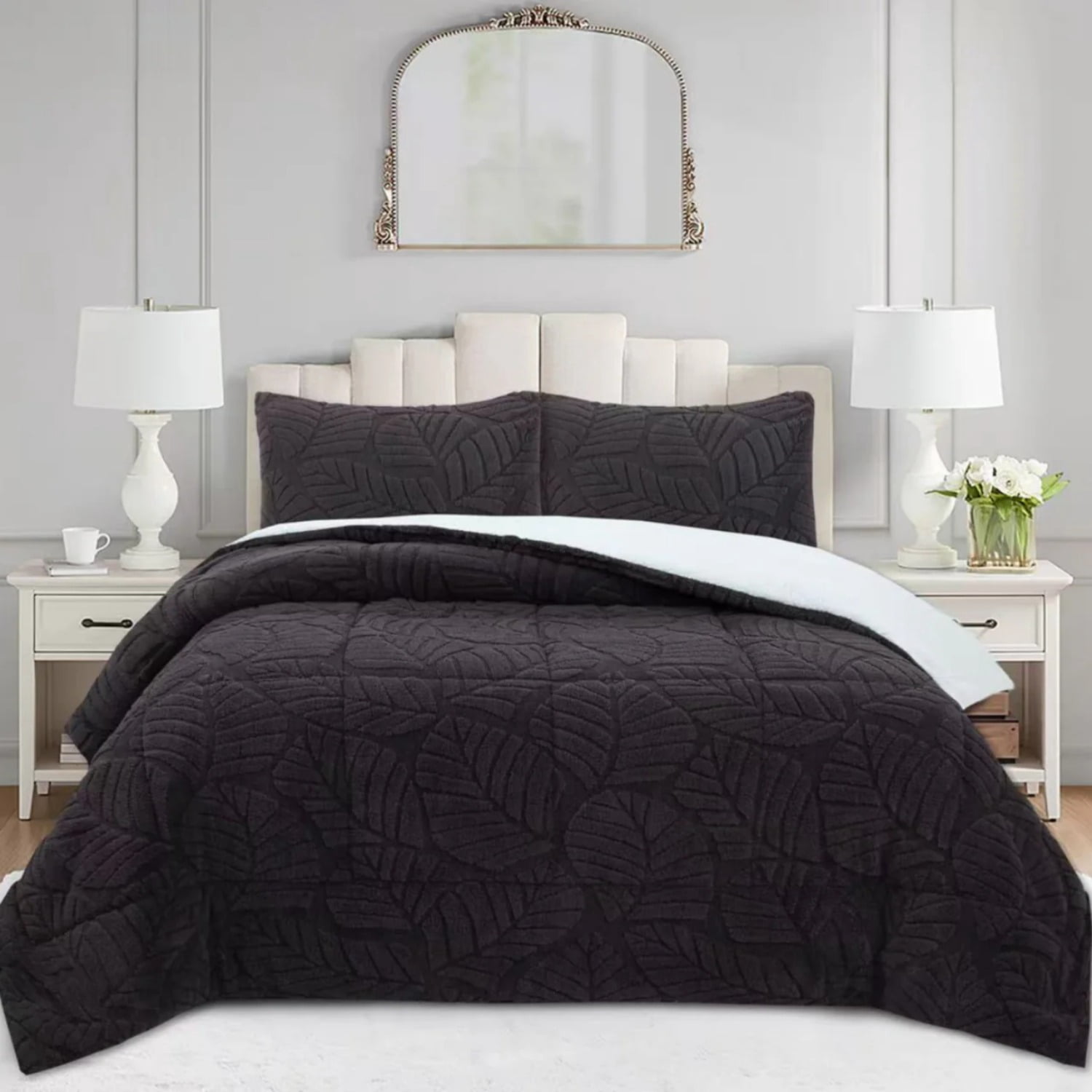 3 PCS Leaf Pattern Jacquard Sherpa Comforter Set, Ultra Soft Warm Plush ...