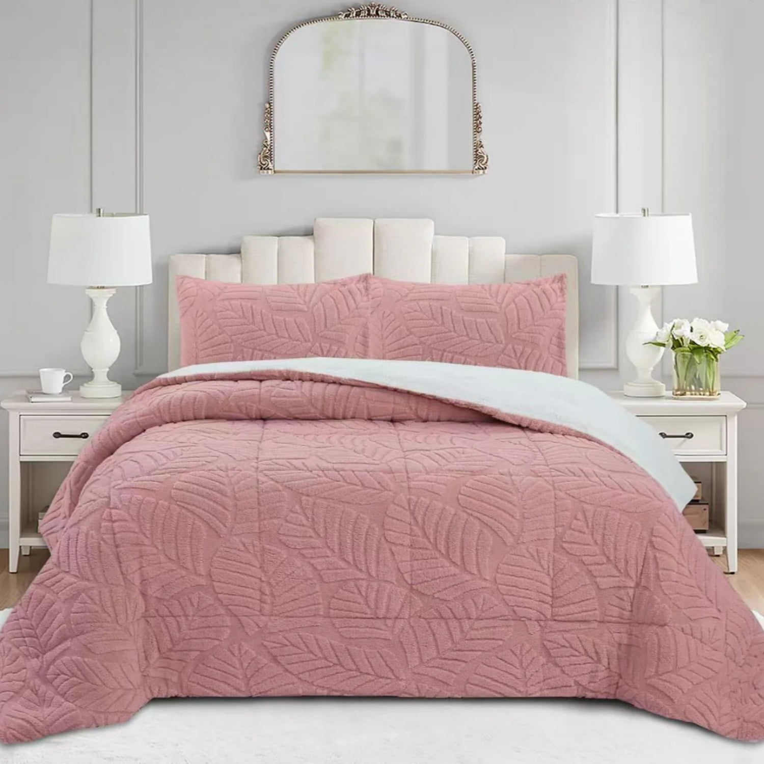 3 PCS Leaf Pattern Jacquard Sherpa Comforter Set, Ultra Soft Warm Plush ...