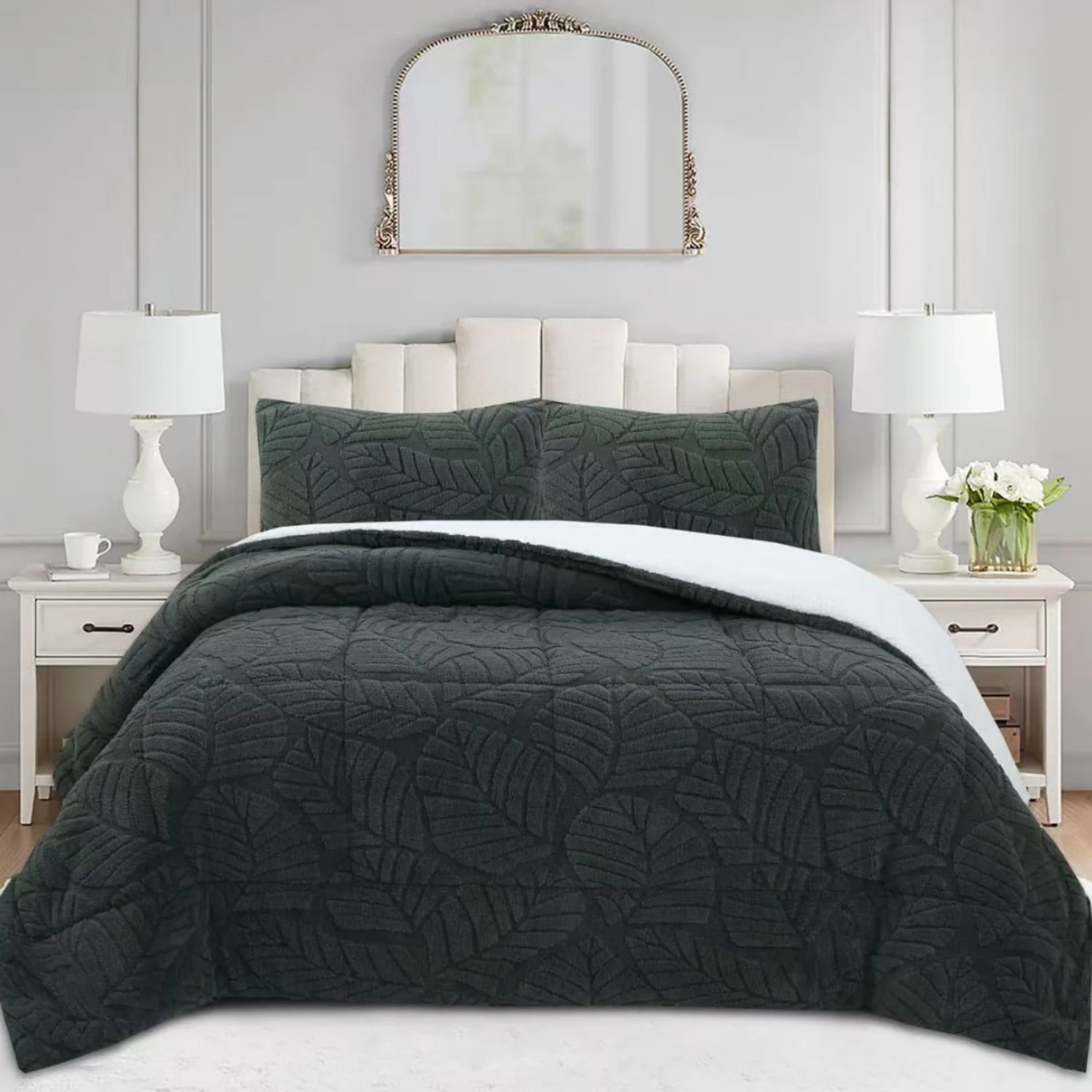 3 PCS Leaf Pattern Jacquard Sherpa Comforter Set, Ultra Soft Warm Plush ...
