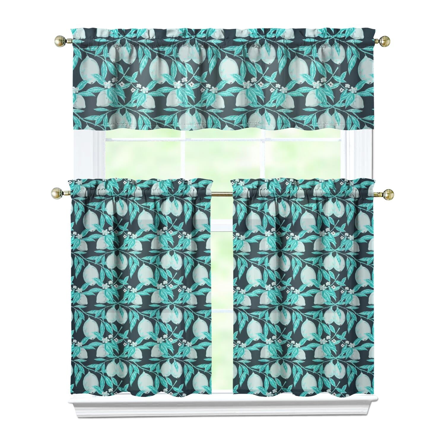 3 PCS Lemon Print Kitchen Curtains Set with Valance - Cute Fruit Floral Summer Vintage Tier ...