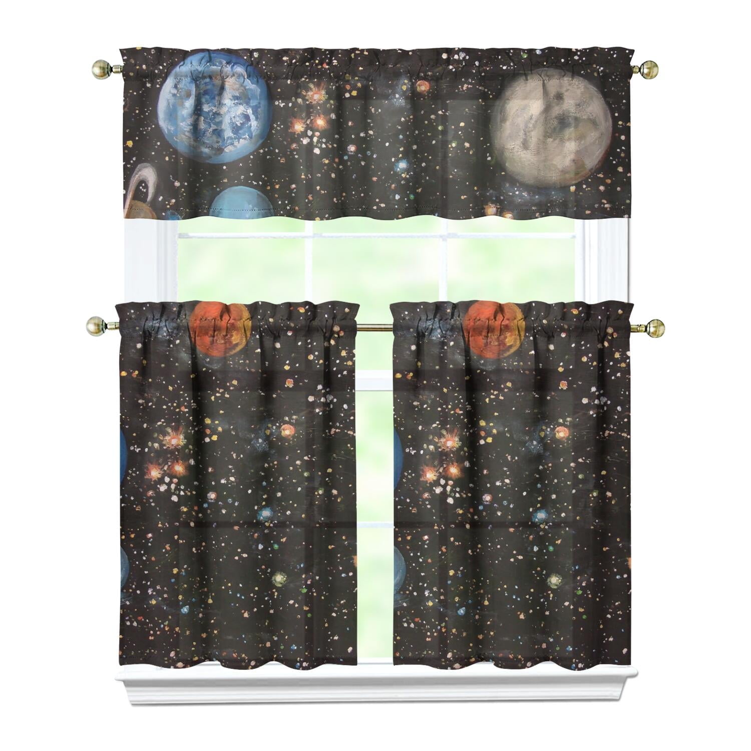 3 PCS Moon and Stars Kitchen Curtains - Sci-Fi Lovers Design, Rod ...