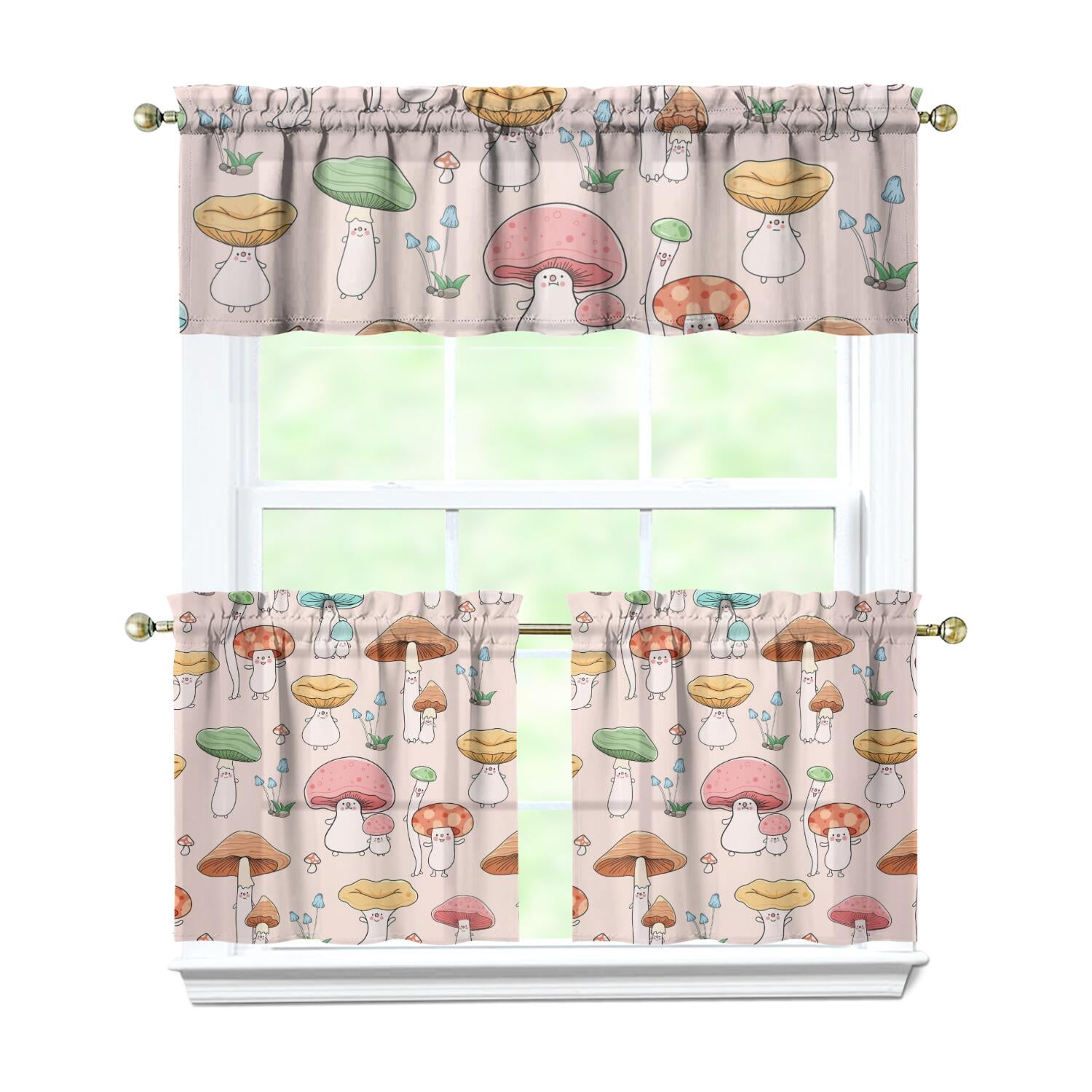 3 PCS Mushroom Kitchen Curtains Set with Valance - Boho Mushroom Tier ...