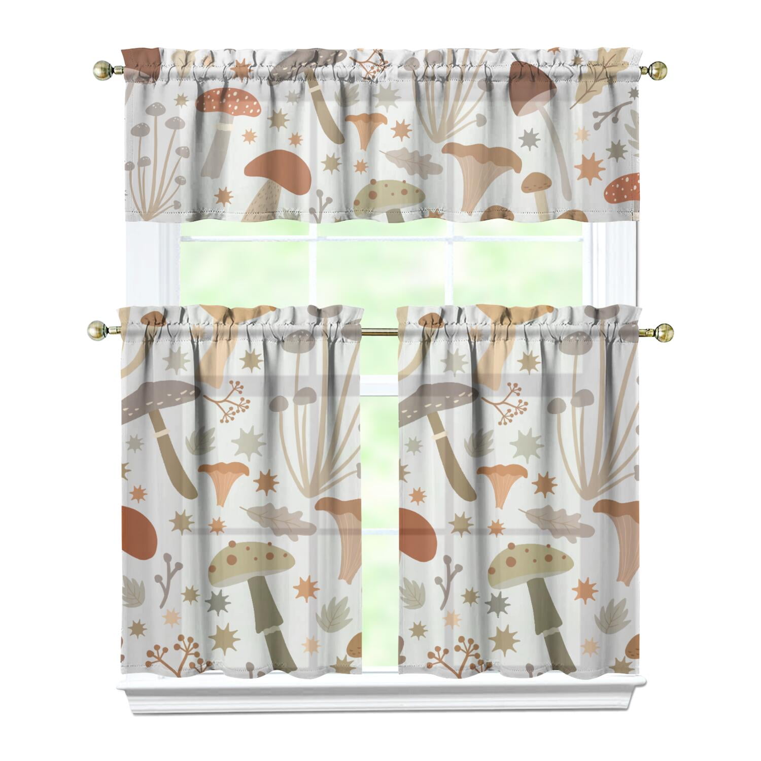 3 PCS Mushroom Kitchen Curtains Set with Valance - Boho Vintage Tier ...