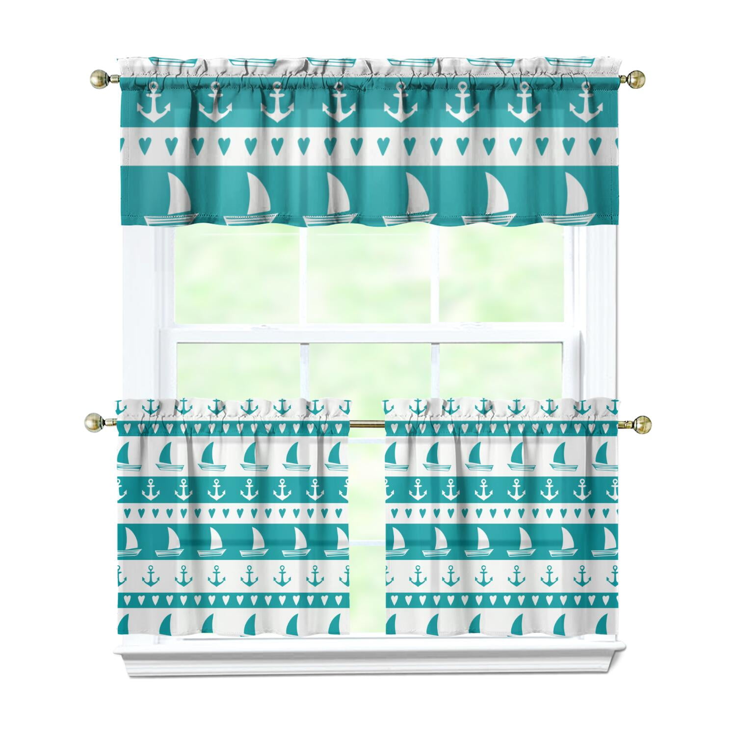 3 PCS Nautical Kitchen Curtains Set with Valance - Coastal Anchor Boat ...