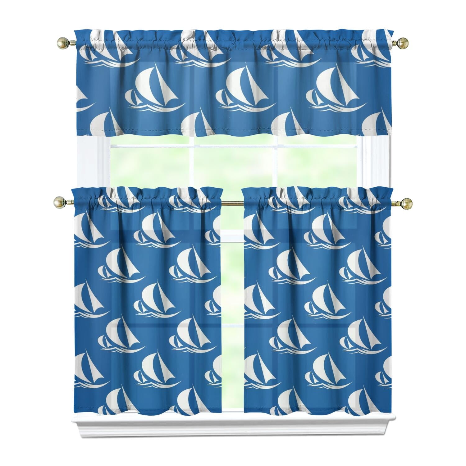 3 PCS Nautical Kitchen Curtains Set with Anchor Valance & Tier Panels ...