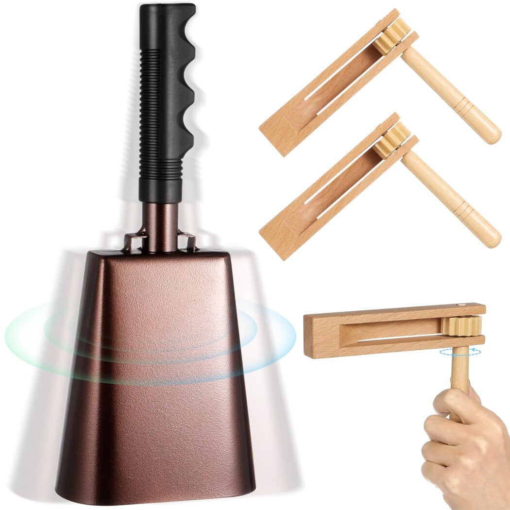3 PCS Noise Maker Kit, 10" Metal Cowbell and Wooden Spinning Rattle ...