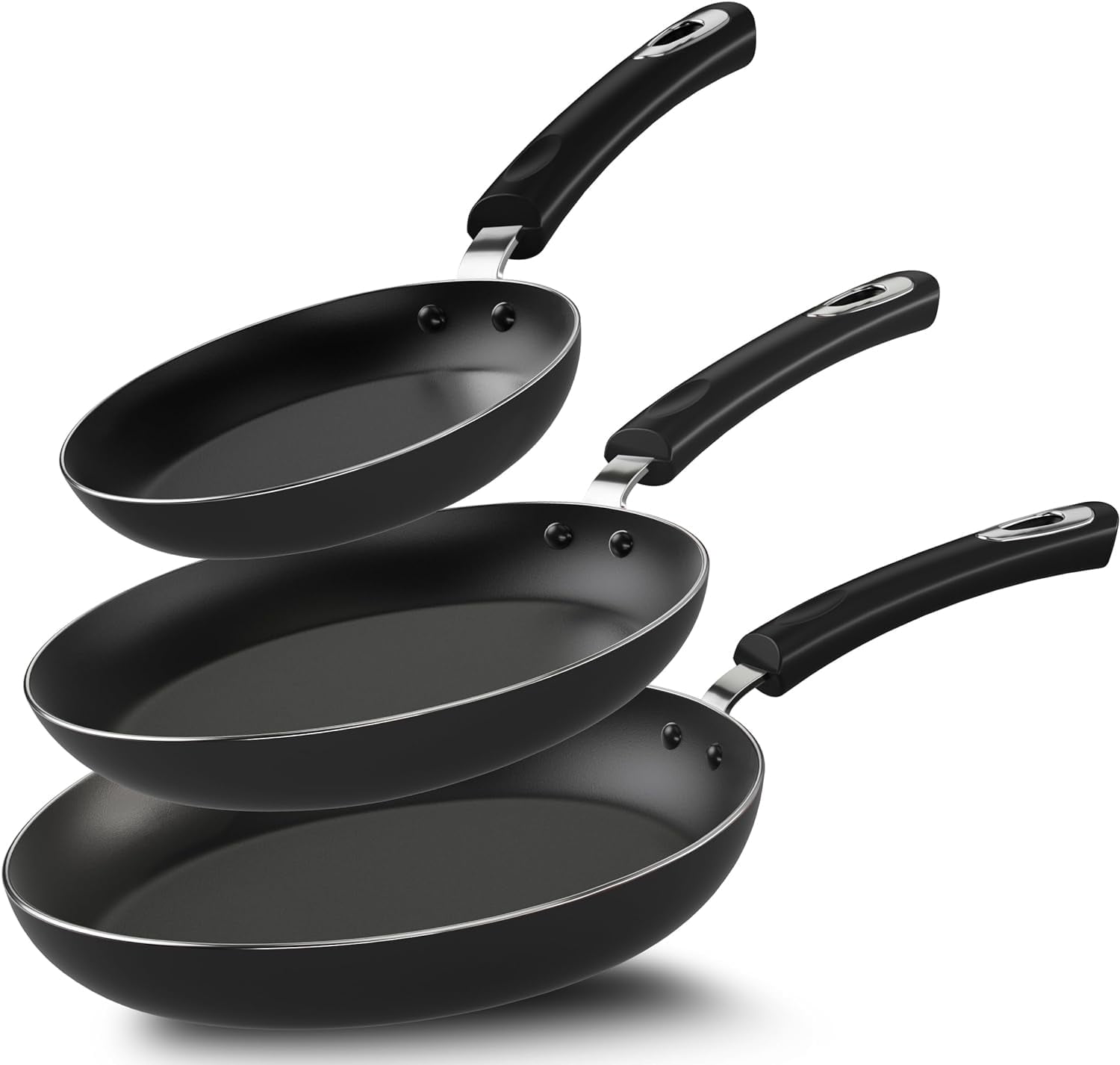 3 PCS Non-Stick Frying Pan Set, 8”, 9.5”, 11” Tri-Ply Skillet with Induction Bottom, Aluminum ...