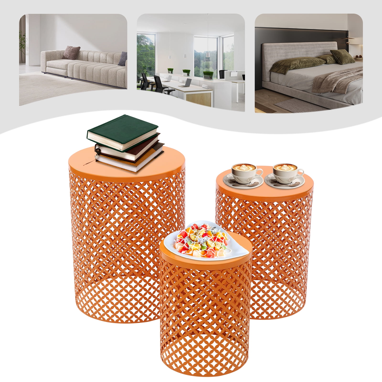 3 PCS Outdoor Side Tables, Orange Metal Frame Accent Table, for Indoor ...