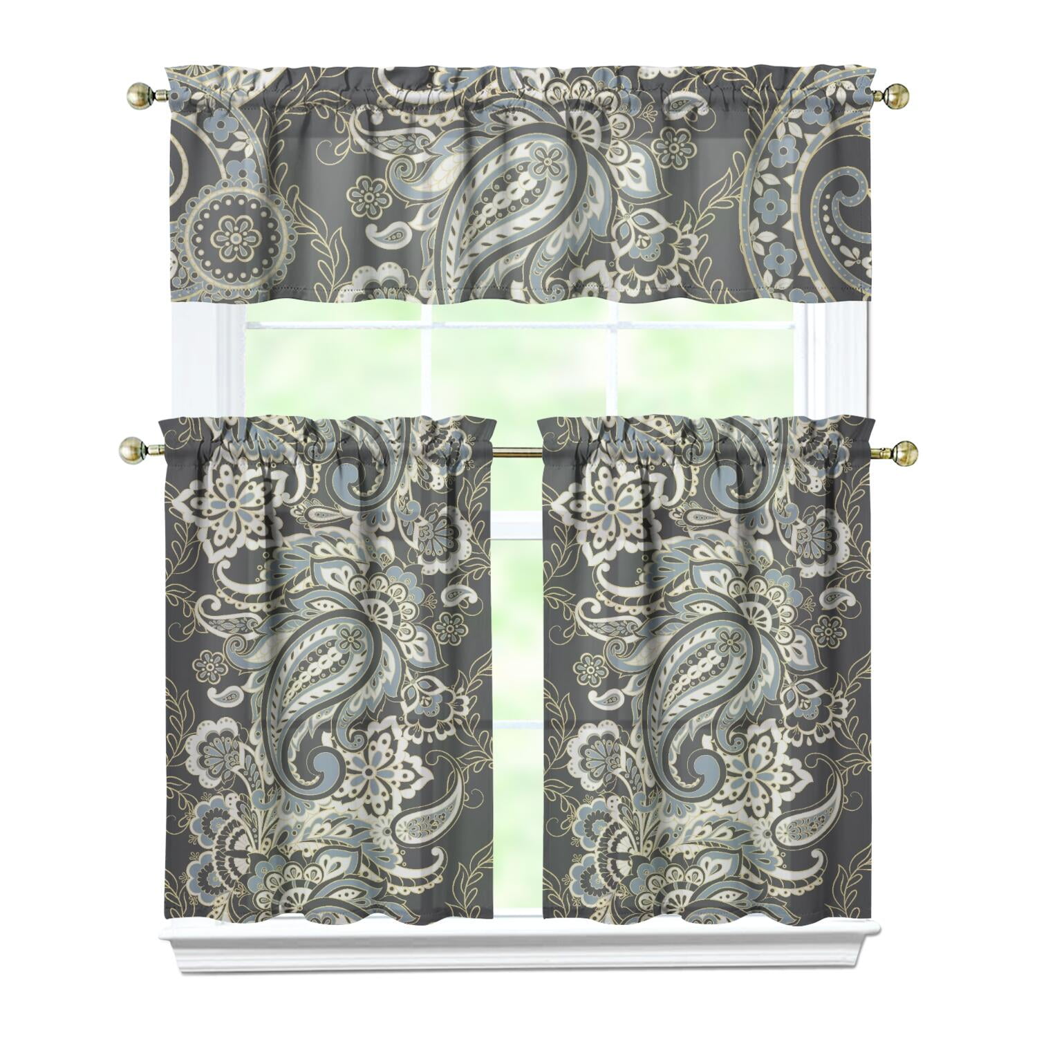 3 PCS Paisley Kitchen Curtains Set with Valance - Vintage Boho Tier ...