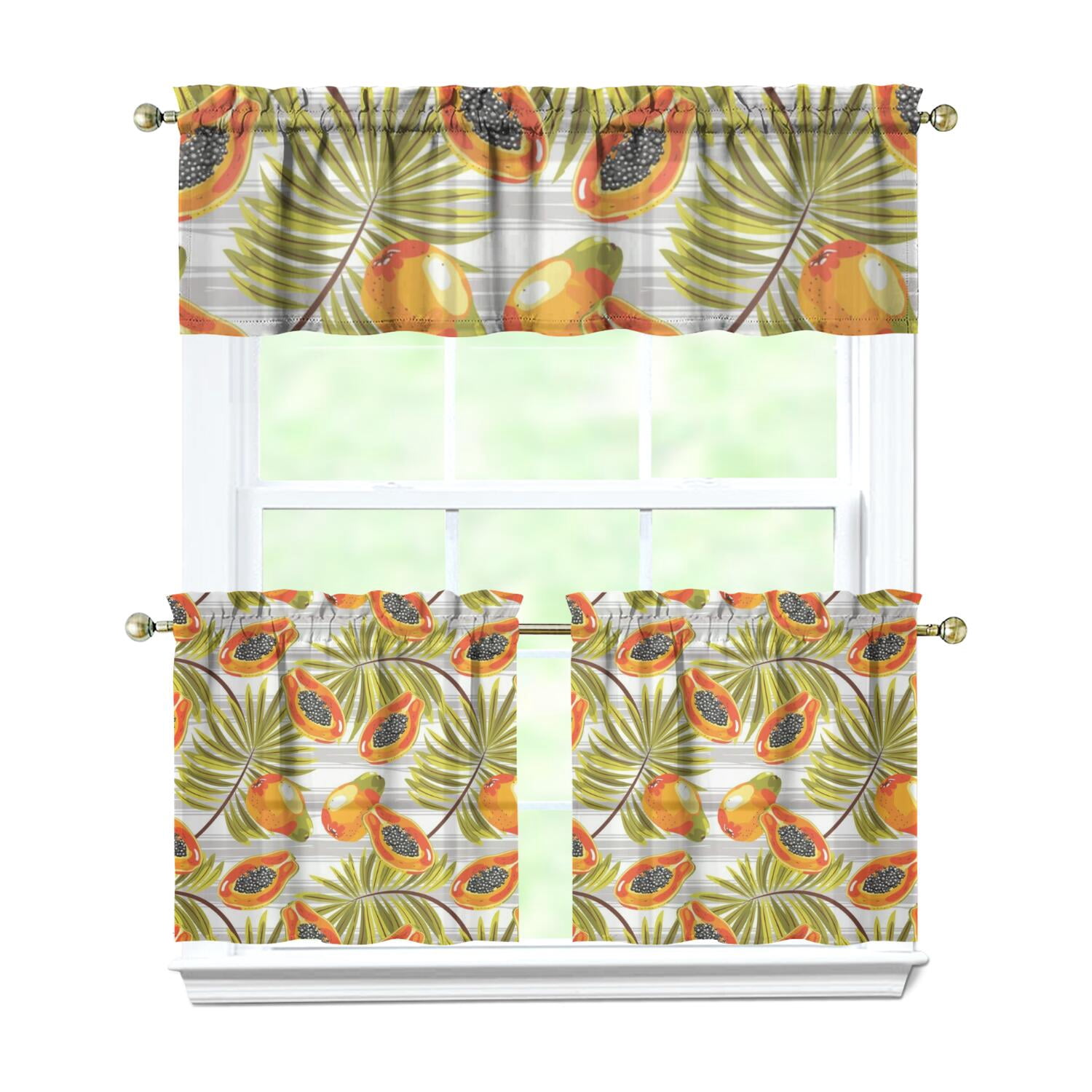 3 PCS Papaya Print Kitchen Curtains Set - Tropical Fruit Pattern Tier ...