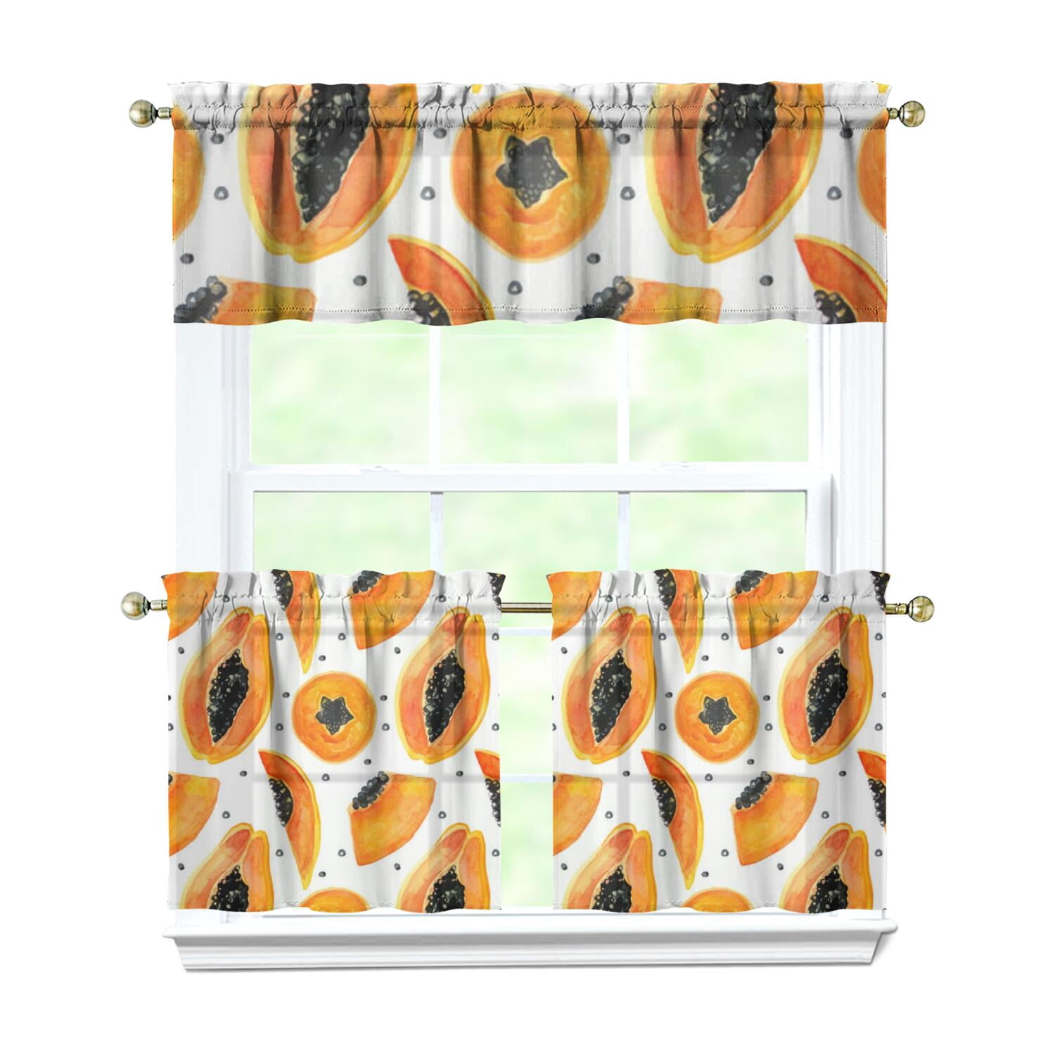 3 PCS Papaya Print Kitchen Curtains Set - Tropical Fruit Pattern Tier ...