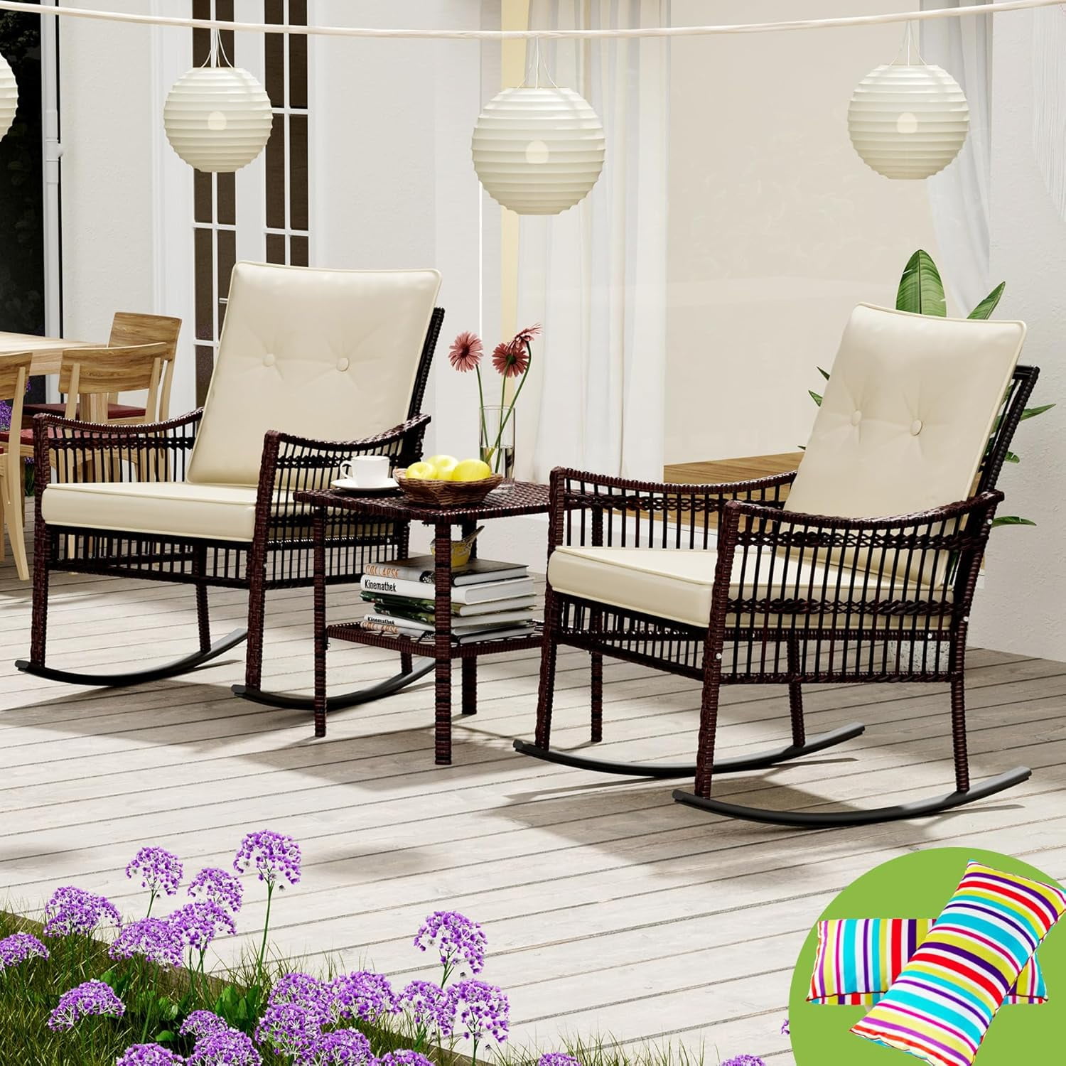 3 PCS Patio Conversation Chair Set with Coffee Table, Rocking Bistro ...