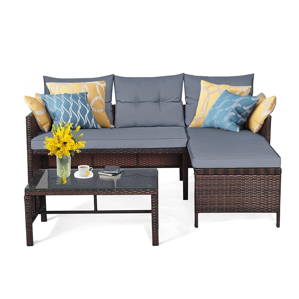 3 PCS Patio Conversation Set, Sectional Rattan Wicker Sofa Set with ...