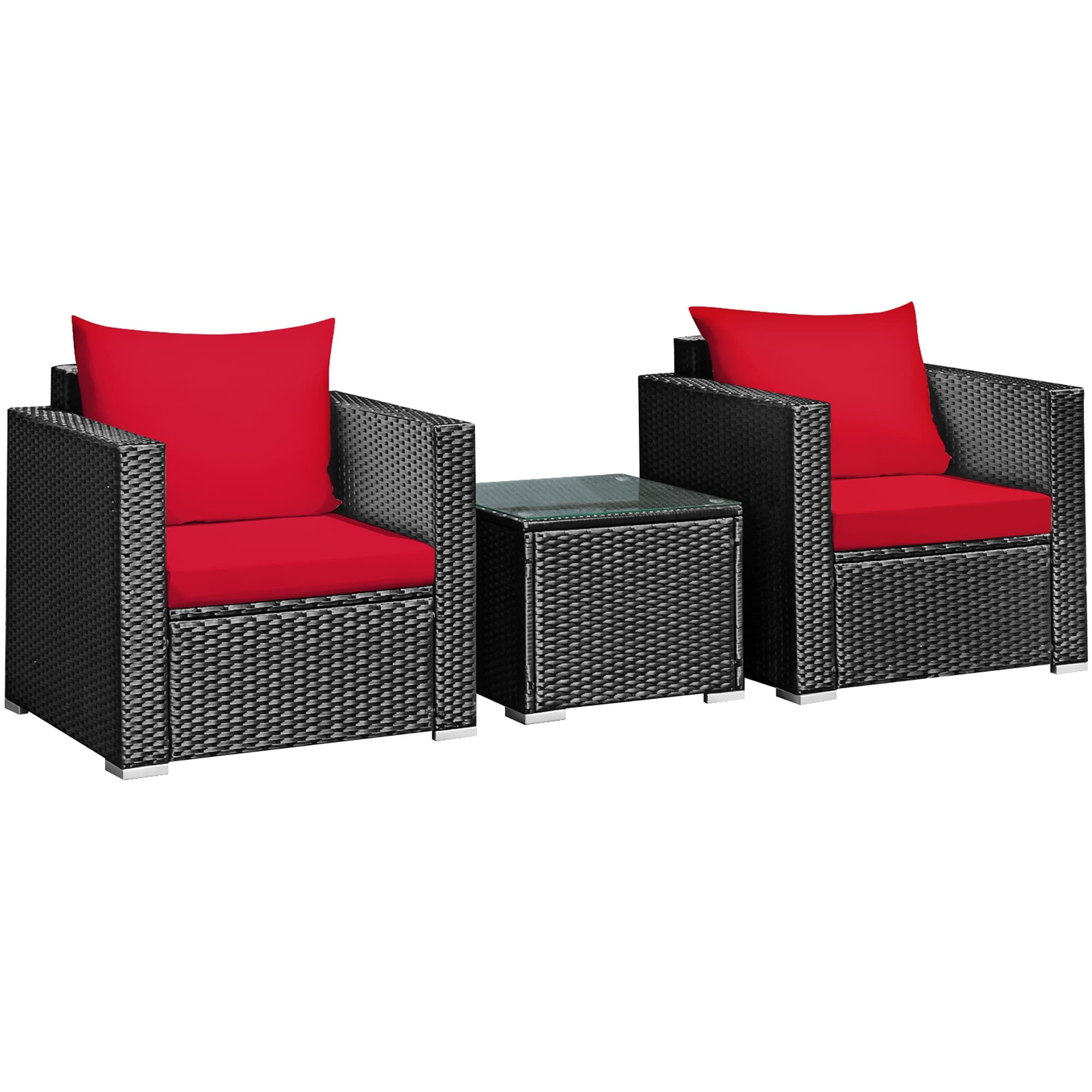 3 PCS Patio Wicker Bistro Set Outdoor Rattan Sofa and Table Set Red ...