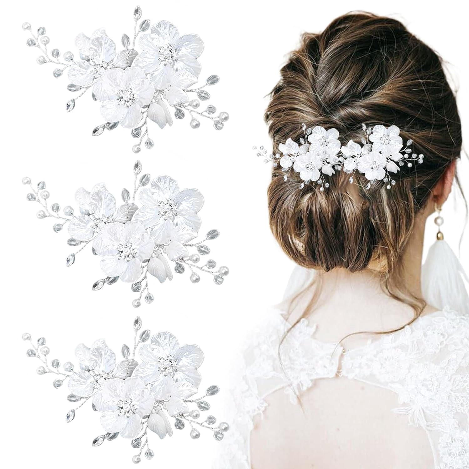 3 PCS Pearl Flower Wedding Hair Clip Rhinestone Bridal Hair Clips ...