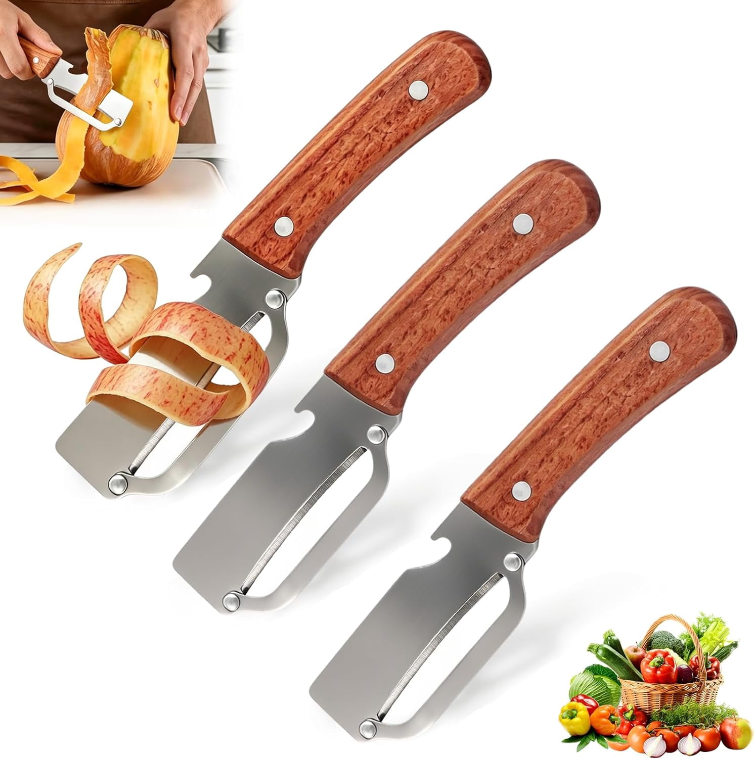 3 PCS Peeler with Wooden Handle, Bottle Opener, Vegetable Fruit Skin ...