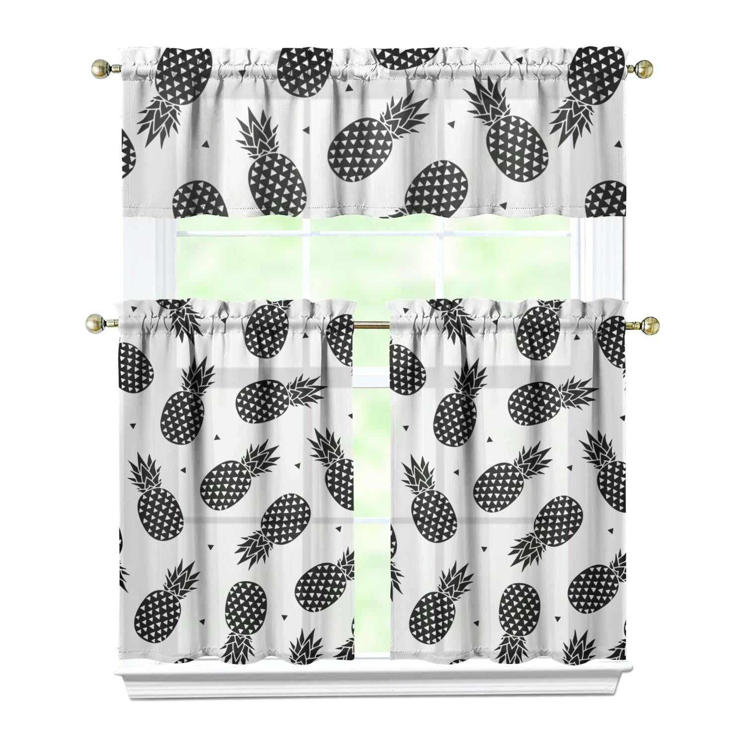 3 Pcs Pineapple Kitchen Curtains Set With Valance Tropical Hawaiian