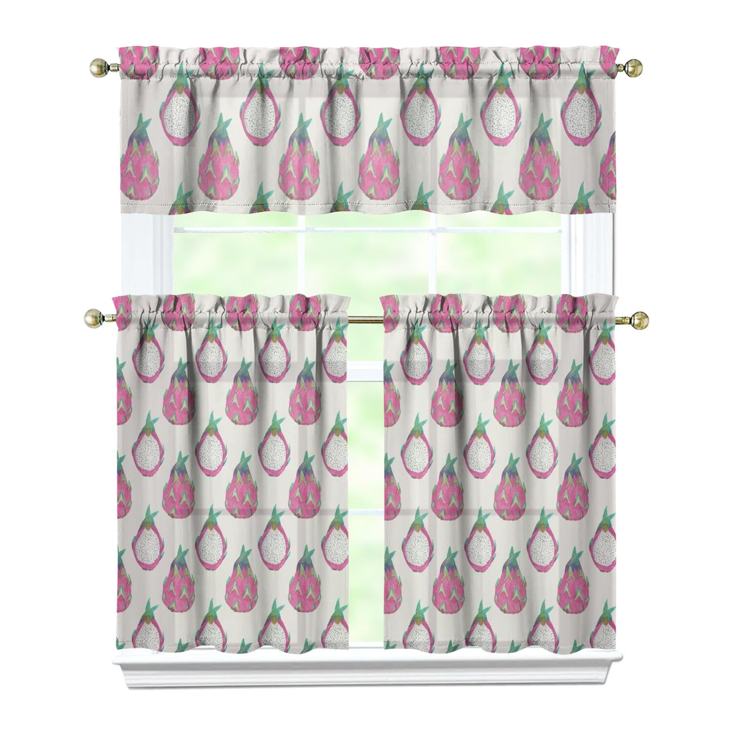 3 PCS Pitaya Dragon Fruit Print Kitchen Curtains Set - Tropical Exotic ...