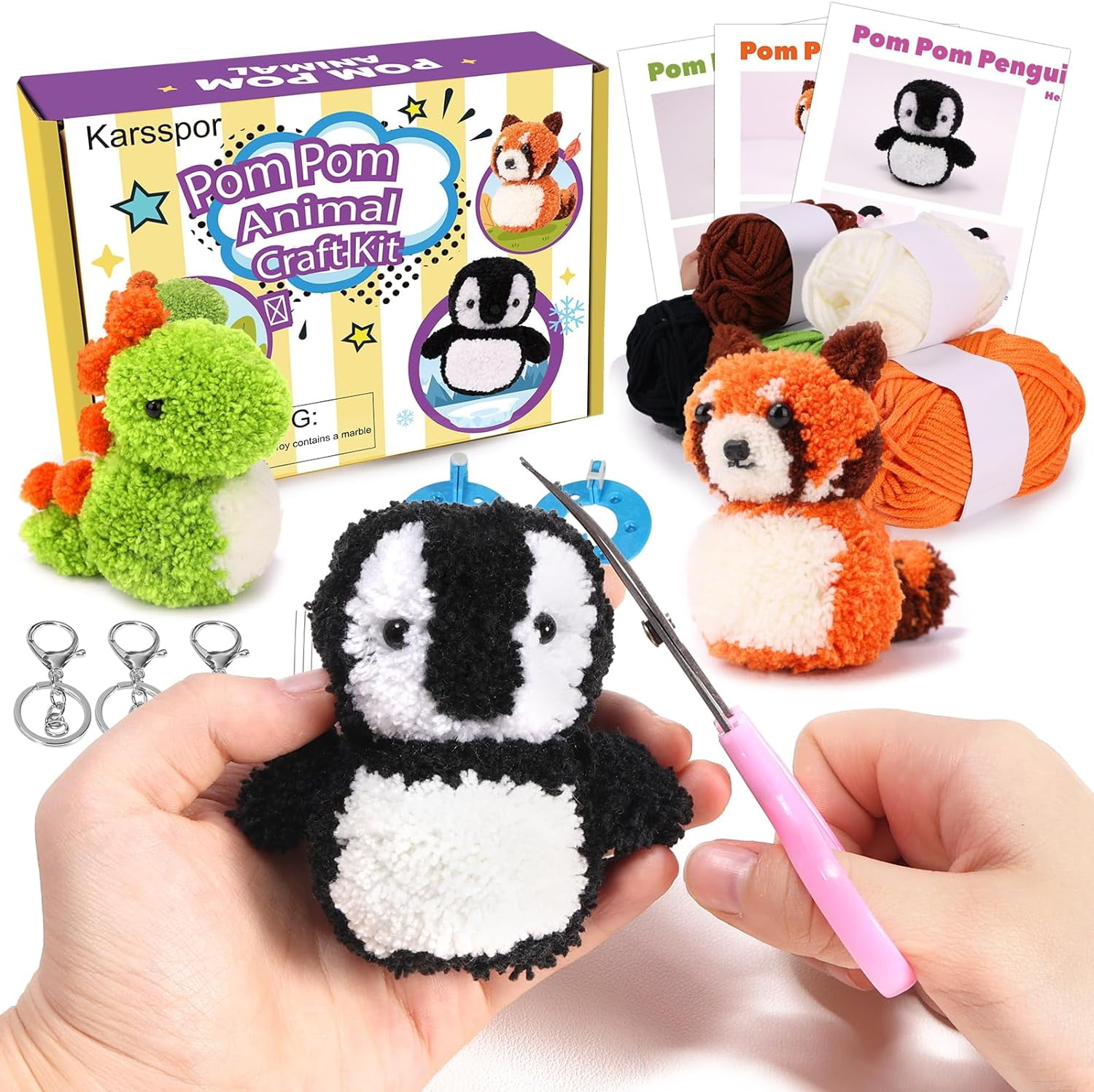 3 PCS Pom Poms Craft Kit, Cute Pom Poms Pets - Dinosaur, Raccoon and Penguin with Instructions ...