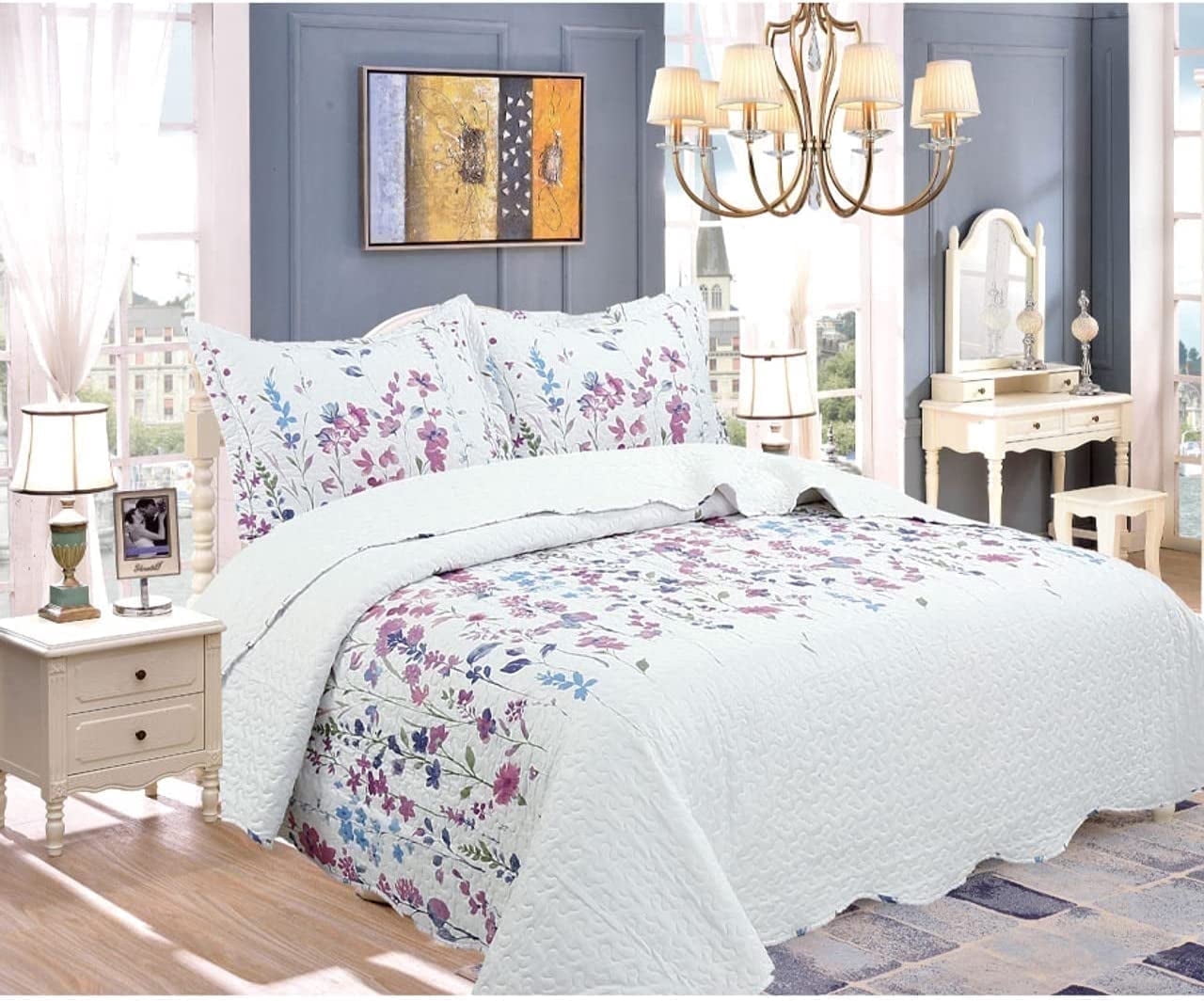 Legacy Decor 3 Pcs Quilt Bedspread Coverlet White Floral Design Ultra ...
